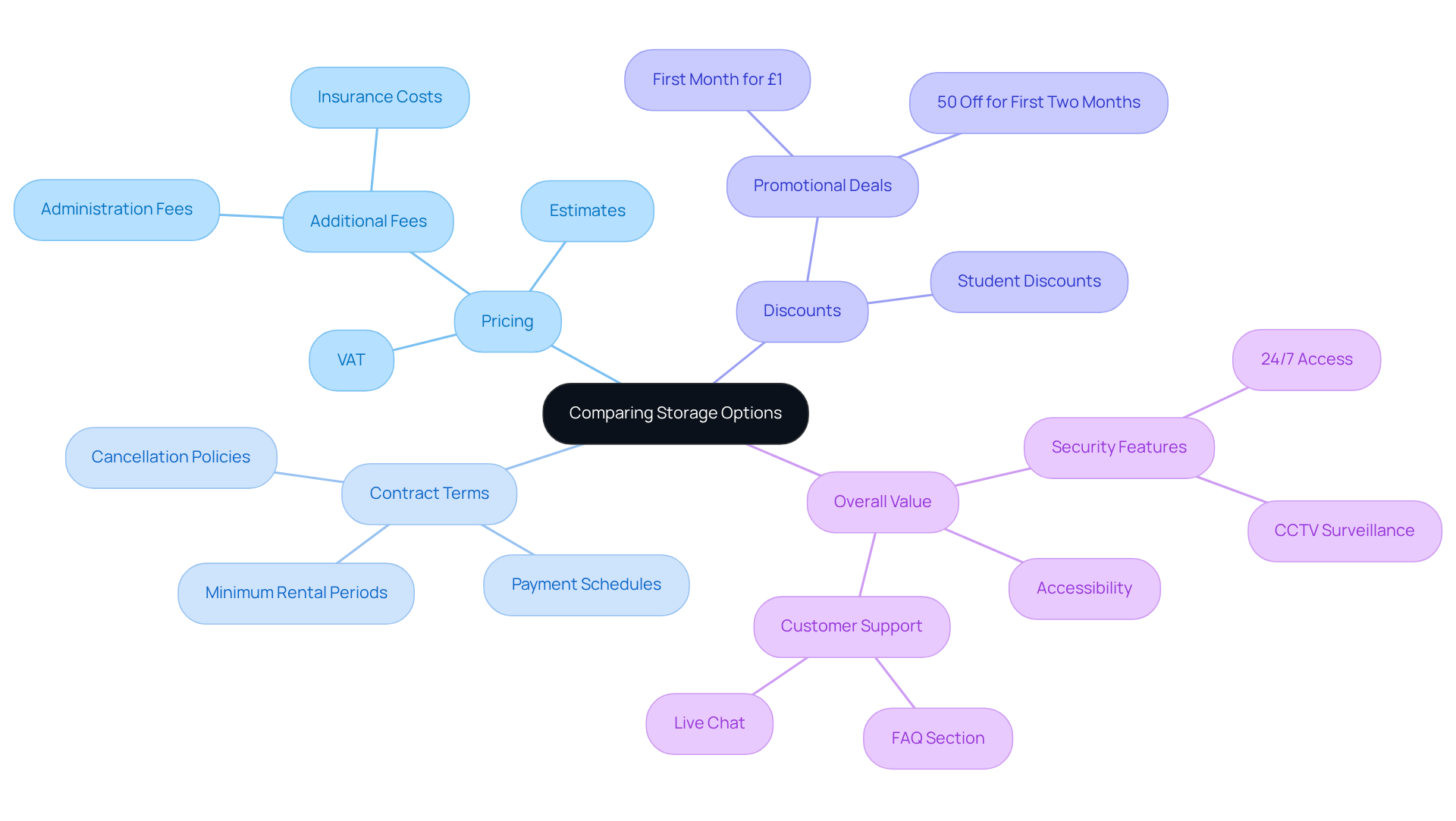 Start at the center with the main topic of comparing storage options. Follow the branches to explore different factors like pricing, terms, and discounts that can help you make an informed decision.