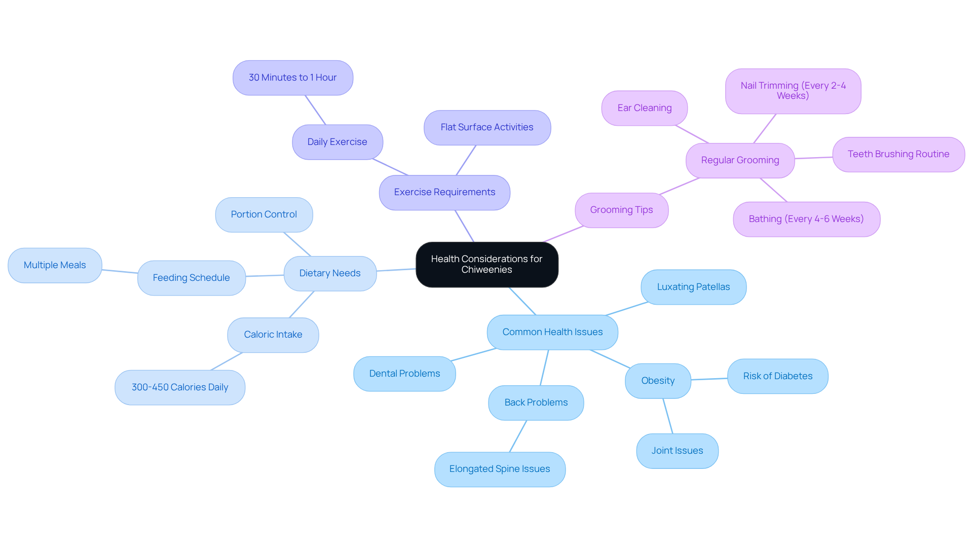 The center node highlights the main topic, while branches indicate specific areas of health concern and care. Each branch provides detailed aspects to help you understand what to monitor and how to care for your Chiweenie.