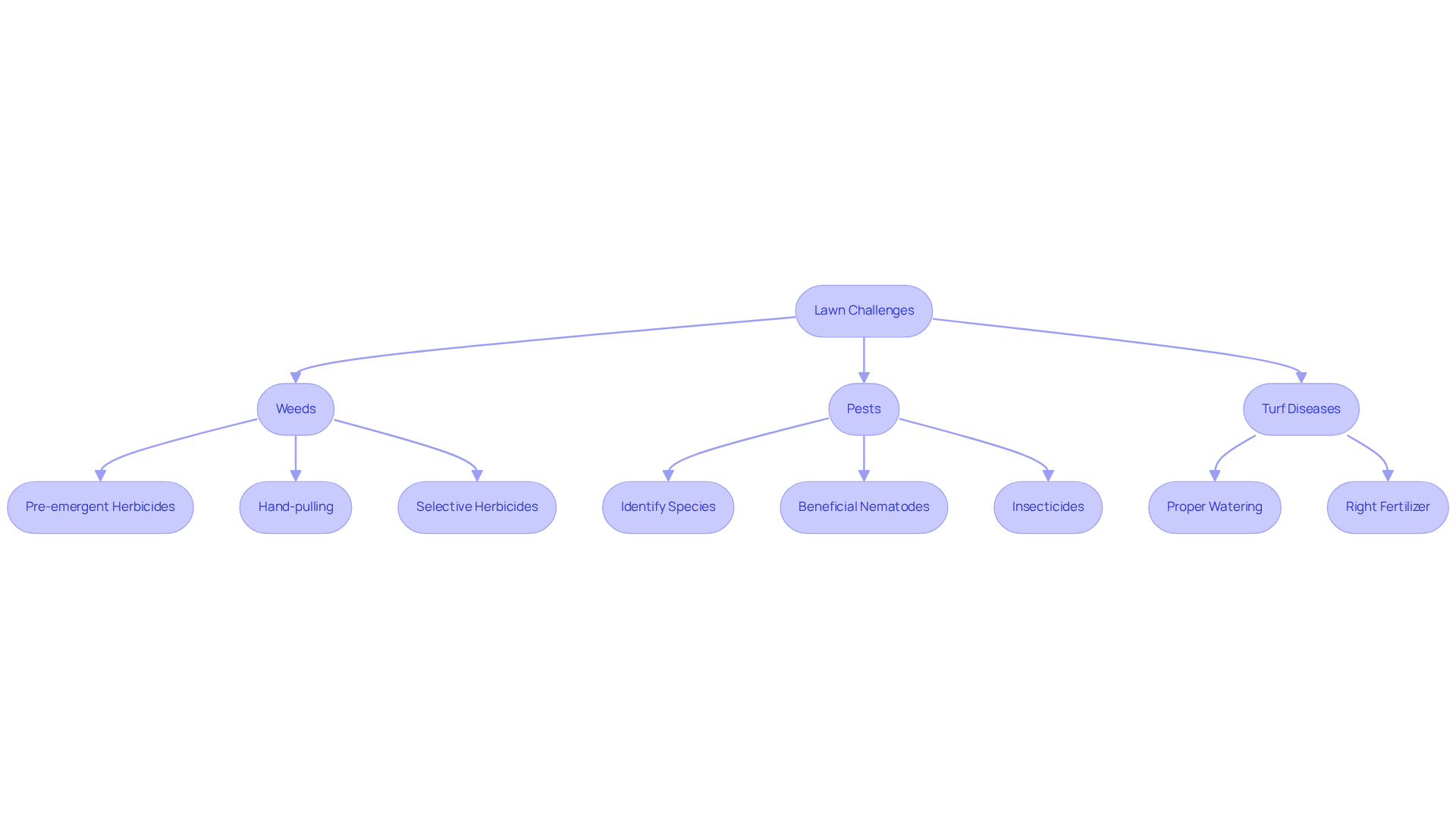 This flowchart guides you through common lawn issues and their solutions. Start at the top with 'Lawn Challenges' and follow the arrows to see how to tackle weeds, pests, and diseases effectively. This flowchart guides you through common lawn issues and their solutions. Start at the top with 'Lawn Challenges' and follow the arrows to see how to tackle weeds, pests, and diseases effectively.