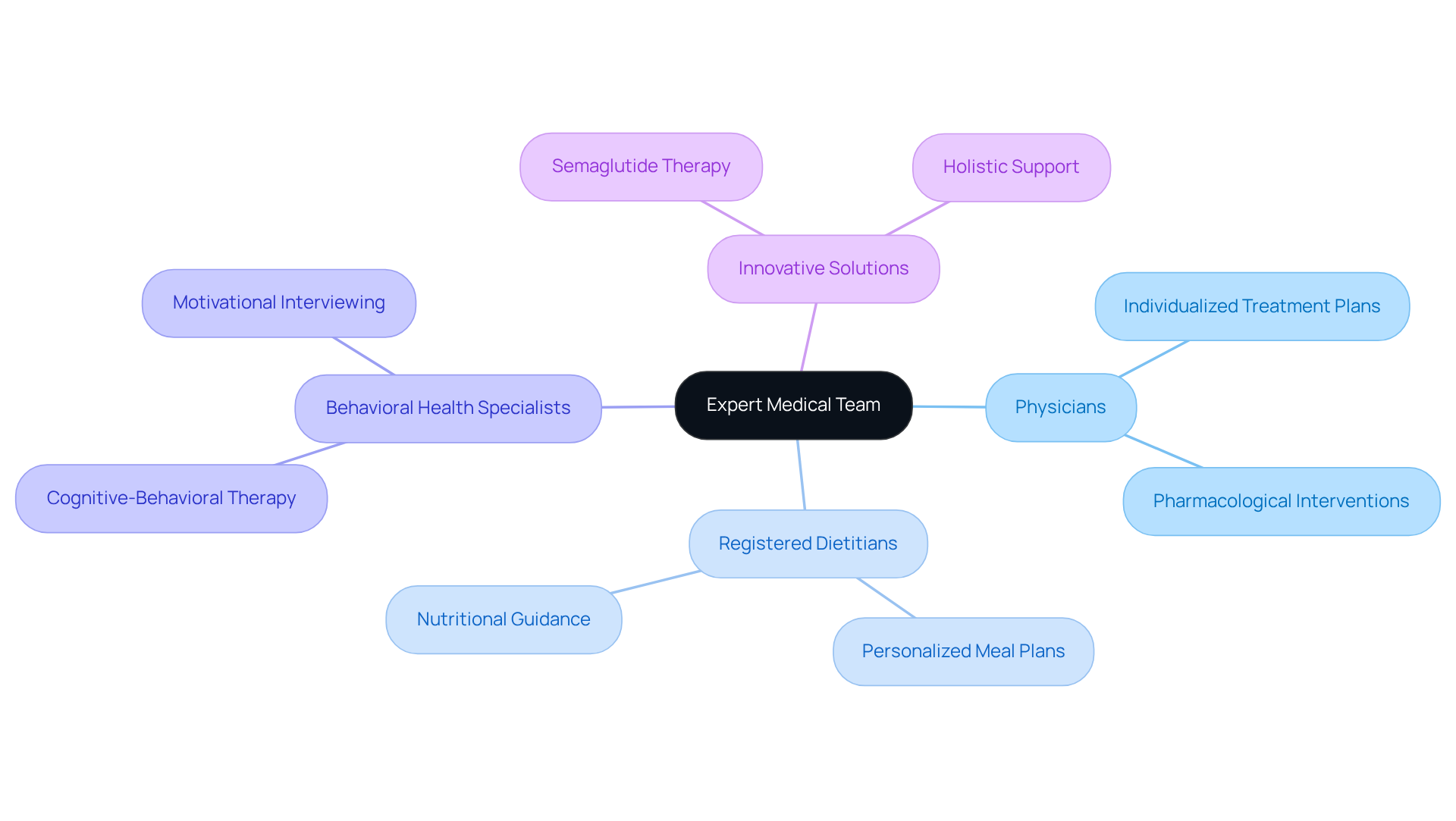 The center represents the expert medical team, with branches showing the different professionals involved and their specific contributions to your weight loss journey. Each color-coded branch helps you see how they work together to support your health.