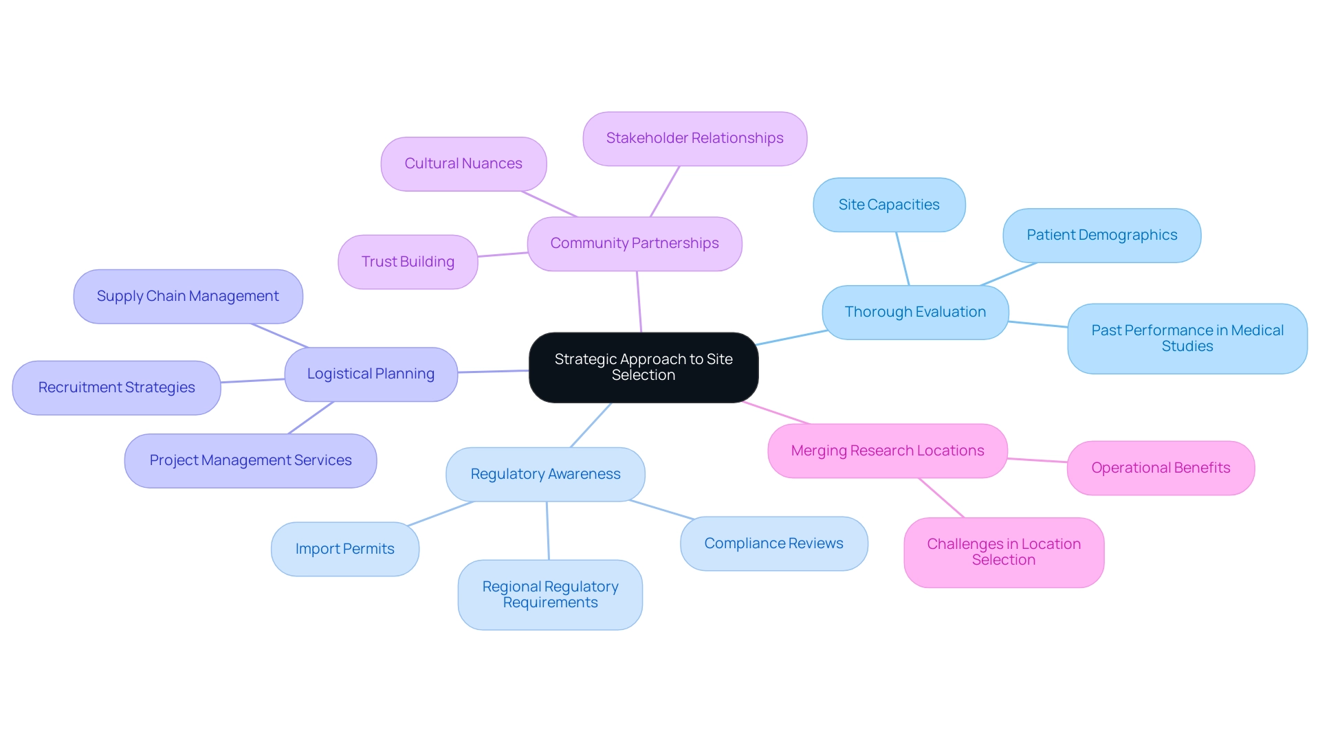 Each branch represents a key strategic element in the site selection process, with distinct colors identifying each main area and its related subcomponents.