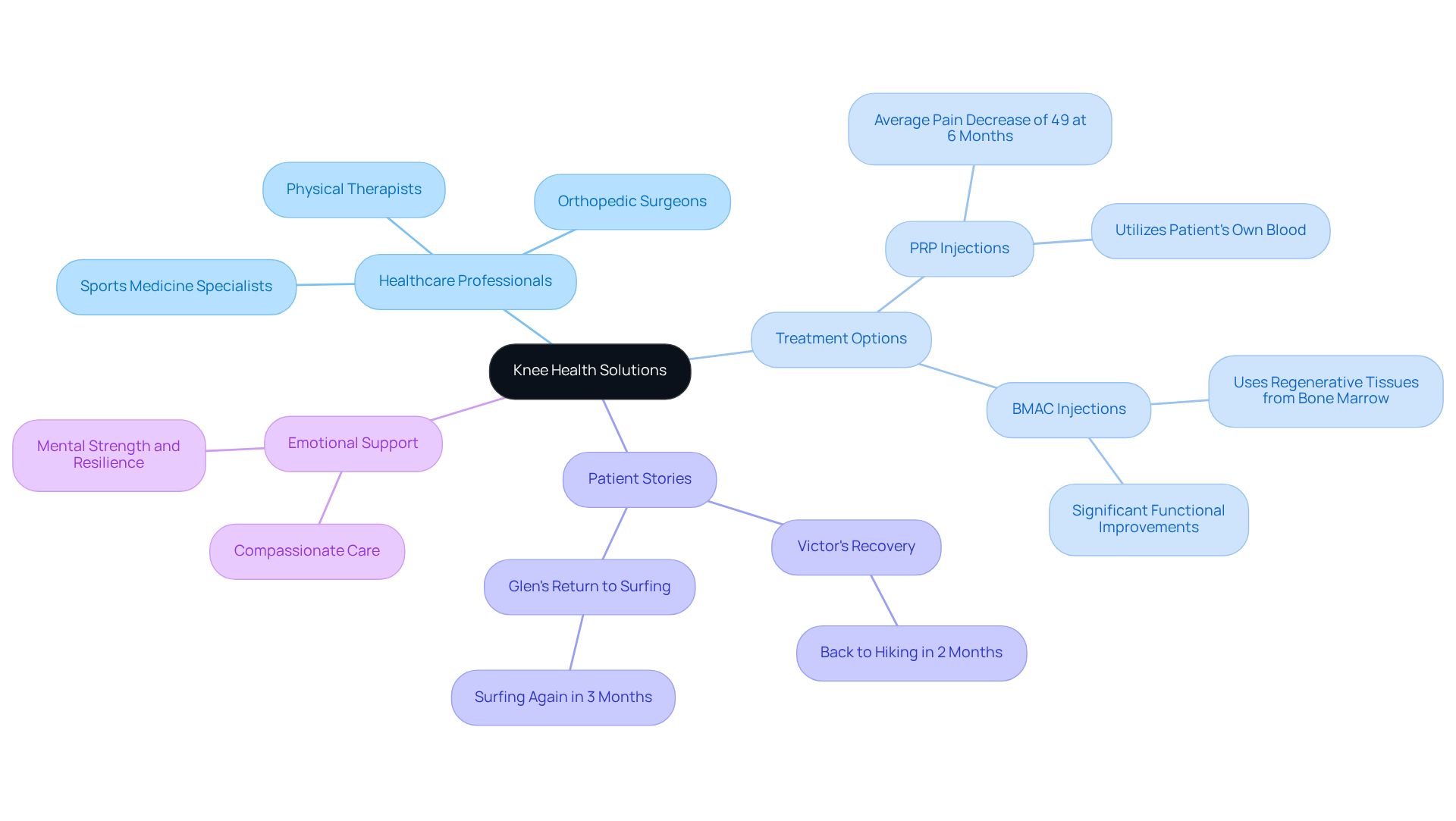 The center represents the main topic of knee health solutions. Each branch shows different aspects, like the types of professionals who can help, the treatments available, inspiring patient stories, and the emotional support needed during recovery.
