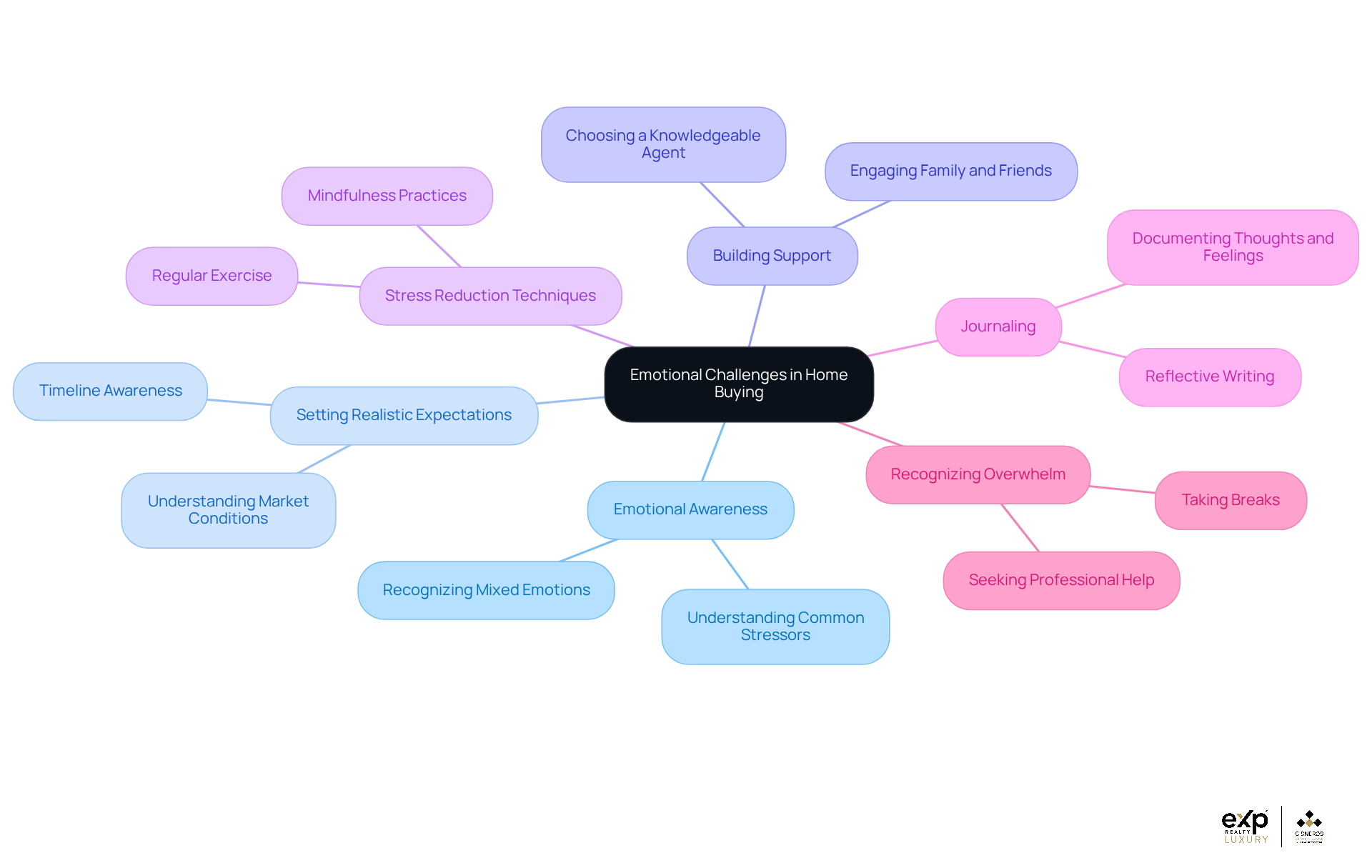 The central node represents the overall theme of emotional challenges in home buying. Each branch highlights a key area to focus on, with sub-branches providing actionable insights or tips to help manage emotions during the process.