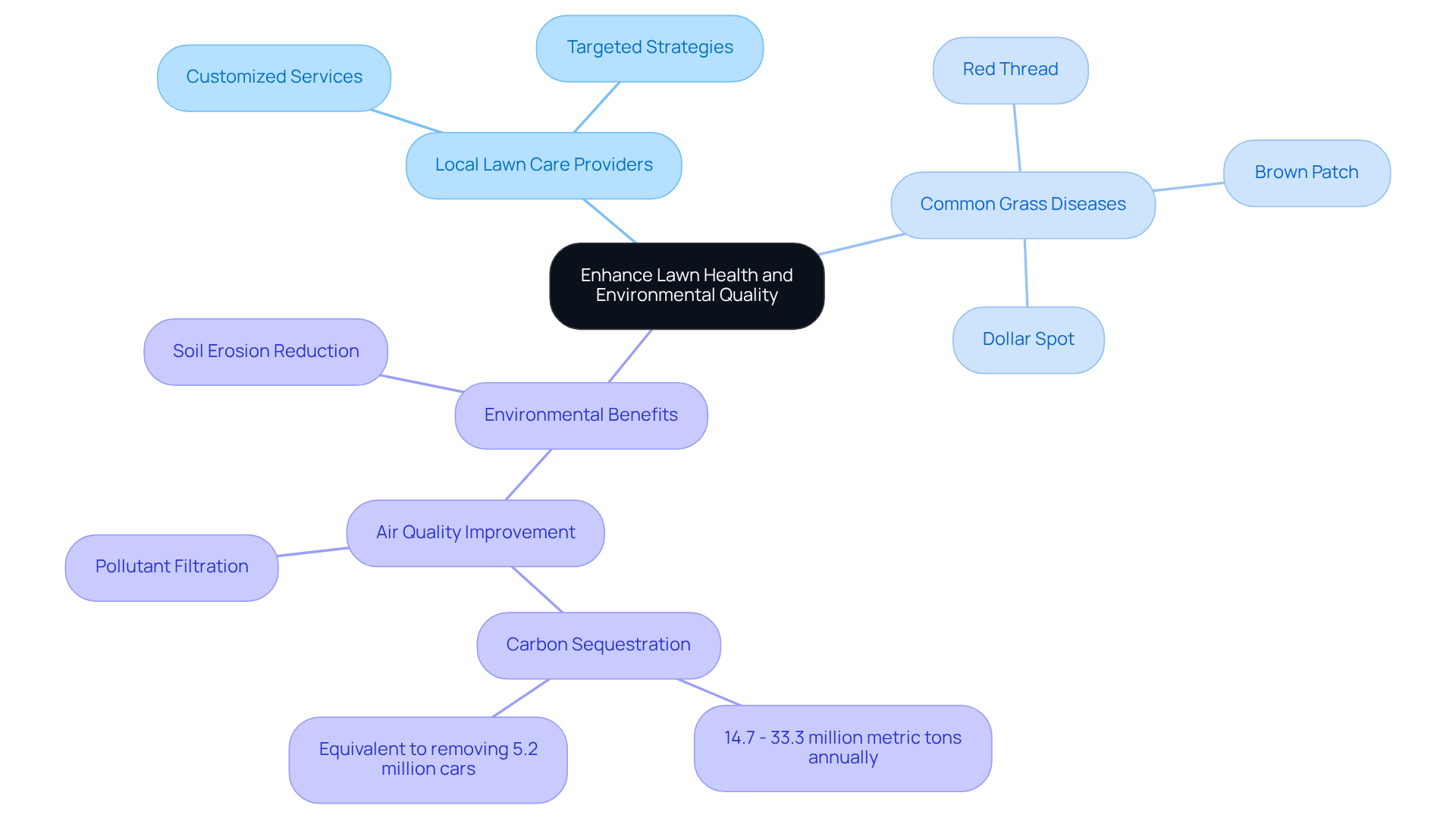 The central node represents the main theme, while the branches show key areas of focus. Each sub-branch provides specific details related to the main topics, helping you see how local lawn care impacts both lawn health and the environment. The central node represents the main theme, while the branches show key areas of focus. Each sub-branch provides specific details related to the main topics, helping you see how local lawn care impacts both lawn health and the environment.