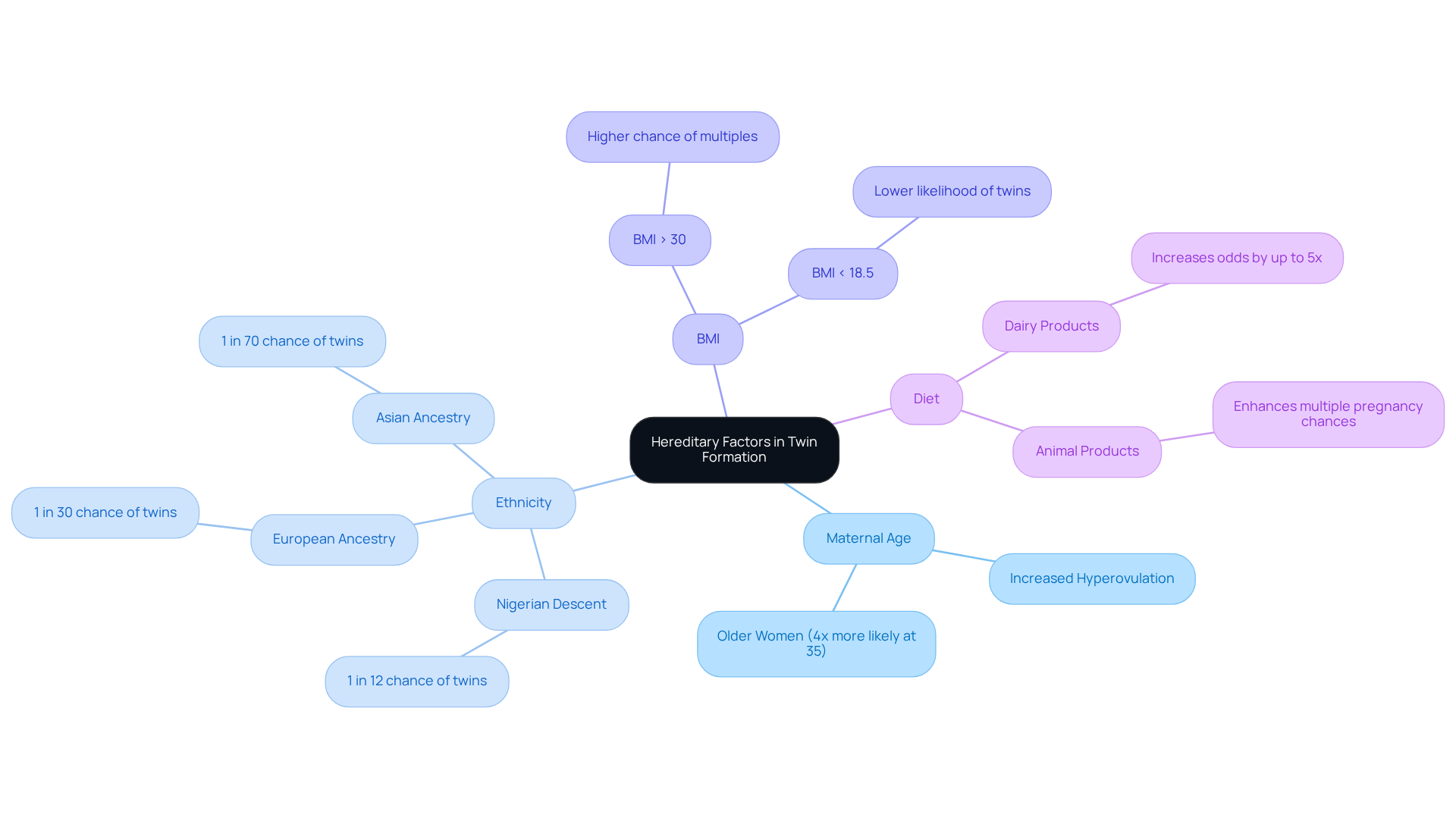 The central node represents the main topic, while the branches show different factors that can influence the likelihood of having twins. Each sub-branch provides more detail about how these factors contribute.