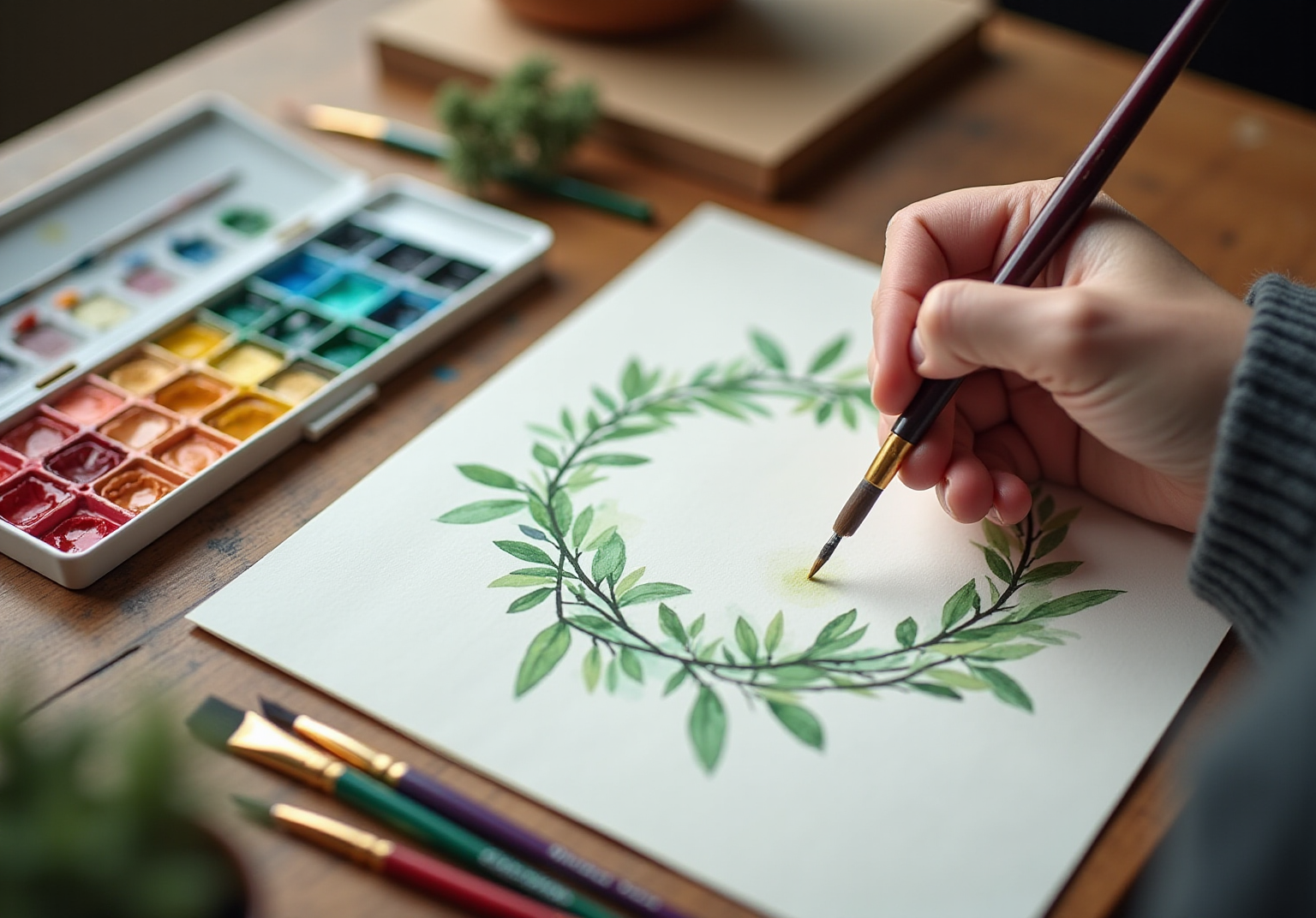 Essential Materials for Watercolor Wreaths
Follow Step-by-Step Instructions to Paint Your Wreath
Creating your stunning wreath can be a delightful experience, and I’m here to guide you through it step-by-step. Let’s embrace this together!
- Sketch the Wreath Outline: Begin by gently drawing a circular shape on your paper with a pencil. This outline will serve as the foundation. Remember, it’s okay to lightly erase the pencil lines after tracing to avoid any dark marks that might distract from your beautiful work.
- Choose Your Shades: Select a palette that embodies the season or theme of your wreath. For a spring wreath, greens for leaves and a variety of hues for flowers work beautifully. Have you ever considered how understanding the properties of your chosen colors can enhance your palette’s effectiveness? It truly makes a difference!
- Start with the Foliage: Using a round brush, paint the leaves around the circle. Opt for a light green and apply it loosely to create an organic feel. Vary your painting pressure to achieve different leaf shapes—this adds a lovely natural variation.
- Add Flowers: Once the foliage is dry, cluster your flowers. Use a smaller round brush for intricate details, to create depth. Start with lighter shades and gradually introduce darker tones for shadows. This layering technique can really bring your flowers to life!
- Incorporate Details: Bring your arrangement to life by adding details like flower centers and leaf veins with a fine-tipped brush. This step is crucial for adding realism and dimension, making your wreath truly special.
- Final Touches: After everything dries, consider adding a bow or other decorative elements to personalize your arrangement. Choose a contrasting color to make these features pop, adding that final touch of charm.
- Let It Dry: Allow your painting to dry completely before removing any masking tape or framing it. Patience here will ensure your artwork looks its best.
By following these steps, you will create stunning watercolor wreaths that not only showcase your artistic skills but also reflect your personal style. The entire painting process is estimated to take about 30 minutes, so take a moment to enjoy each step of your creative journey!
![Artistic Process of Painting a Watercolor Wreath Artistic Process of Painting a Watercolor Wreath
