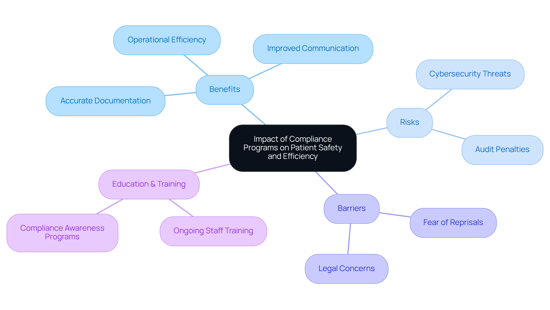 Start at the center with the main topic, then explore each branch to see how compliance programs enhance patient safety and operational efficiency. Each branch represents a key theme, with further details branching out to explain specific aspects.