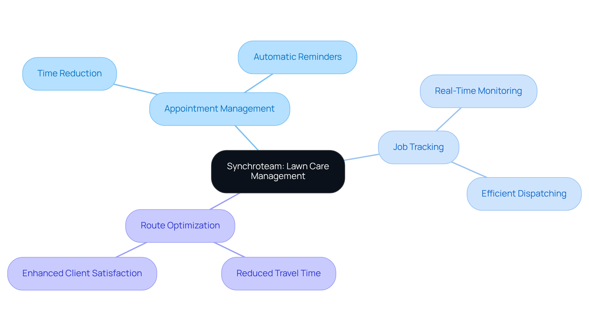 The central node represents Synchroteam, while the branches show its main features. Each sub-branch highlights specific advantages, helping you understand how the software improves lawn care operations.