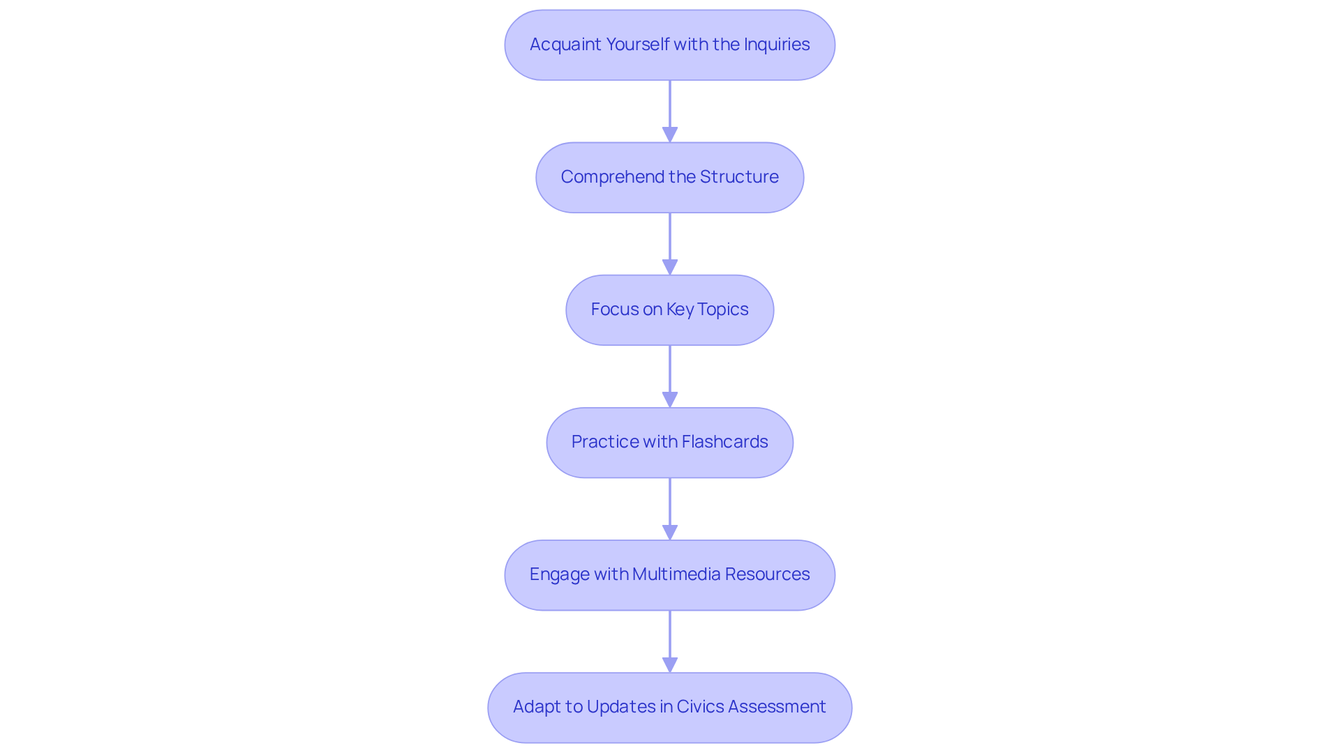 Each box represents a step in your preparation journey — follow the arrows to see how to approach the civics questions effectively.