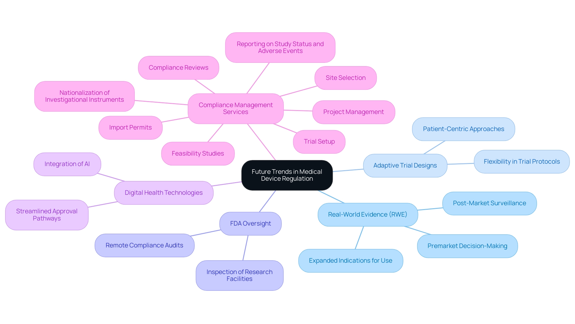 Branches represent key themes in medical device regulation, with color coding for each theme to enhance clarity and organization.