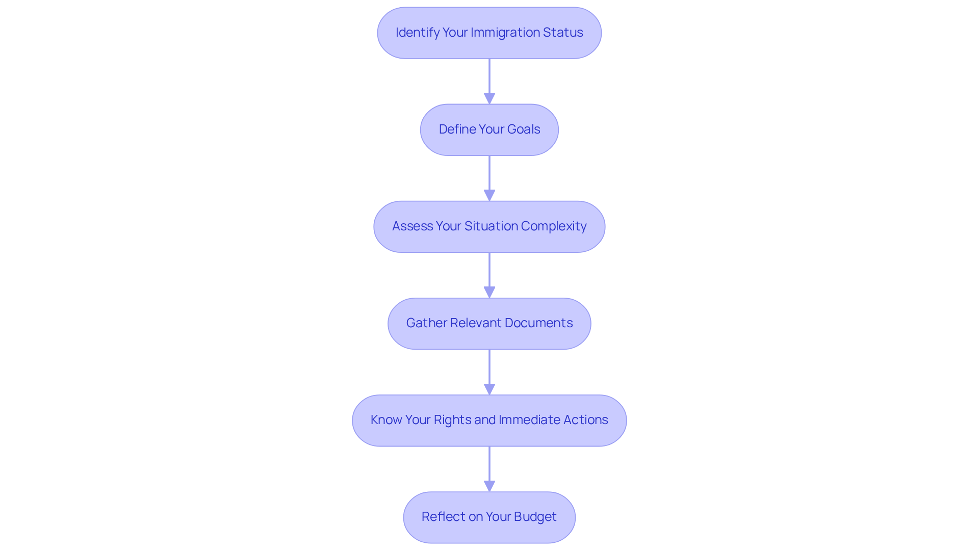 Each box represents a step you should take to understand your immigration legal needs better. Follow the arrows to see the order in which you should approach these steps.