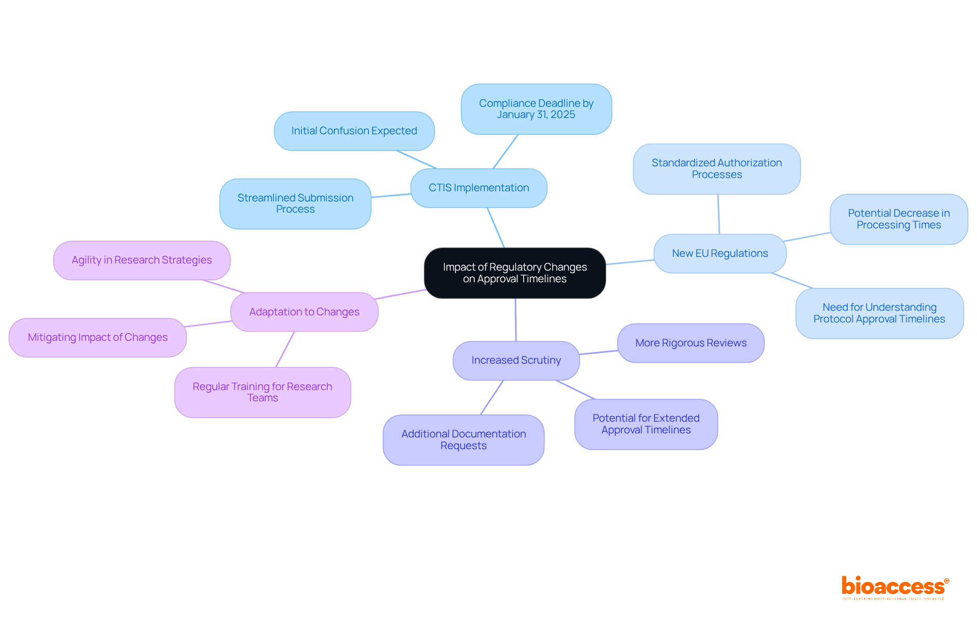 The central node represents the main topic, while the branches illustrate different regulatory changes and their effects. Each sub-branch provides more detail on how these changes impact approval timelines.