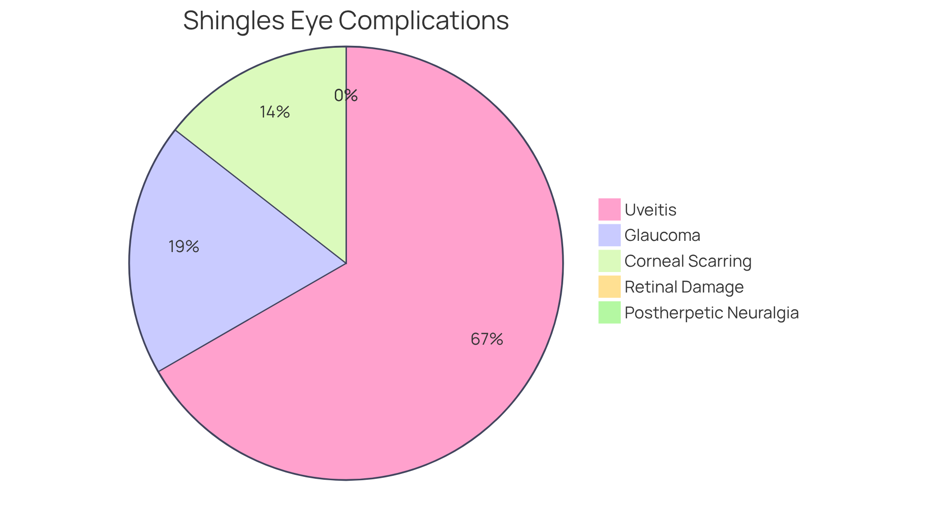 Each slice of the pie represents a different complication that can arise from shingles affecting the eye. The size of each slice shows how common that complication is among patients. For example, Uveitis is the most common, affecting nearly half of those with eye issues related to shingles, while Corneal Scarring is less common but still significant.