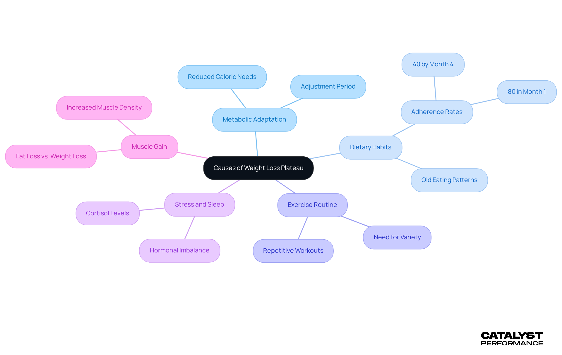 The central node represents the main issue of hitting a weight loss plateau, while the branches show the different factors that can contribute to it. Each branch provides insights into how these factors can impact your weight loss journey.