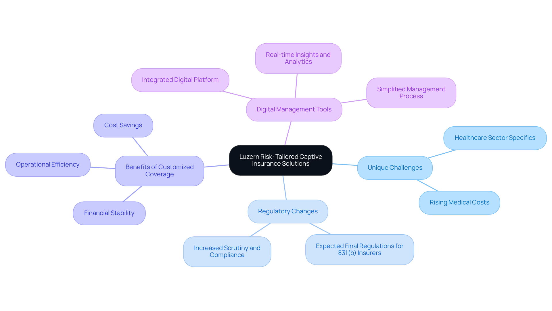 The central node represents Luzern Risk's focus, while the branches show the different aspects of their solutions. Each branch highlights a key area of discussion, helping you understand how they connect to the overall theme.