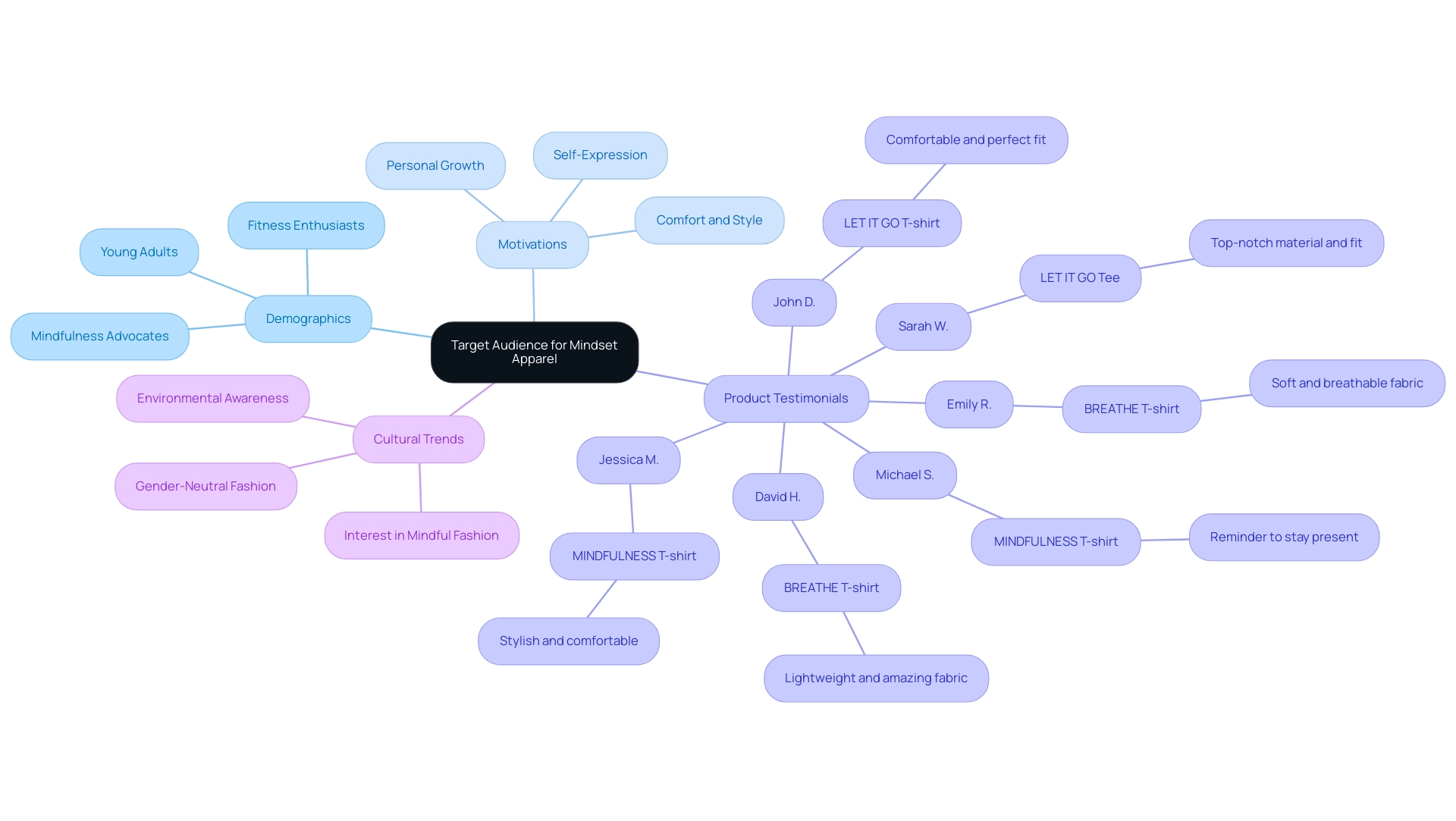 The central node represents the target audience, with branches indicating demographics, motivations, testimonials, and cultural trends. Colors differentiate each category.