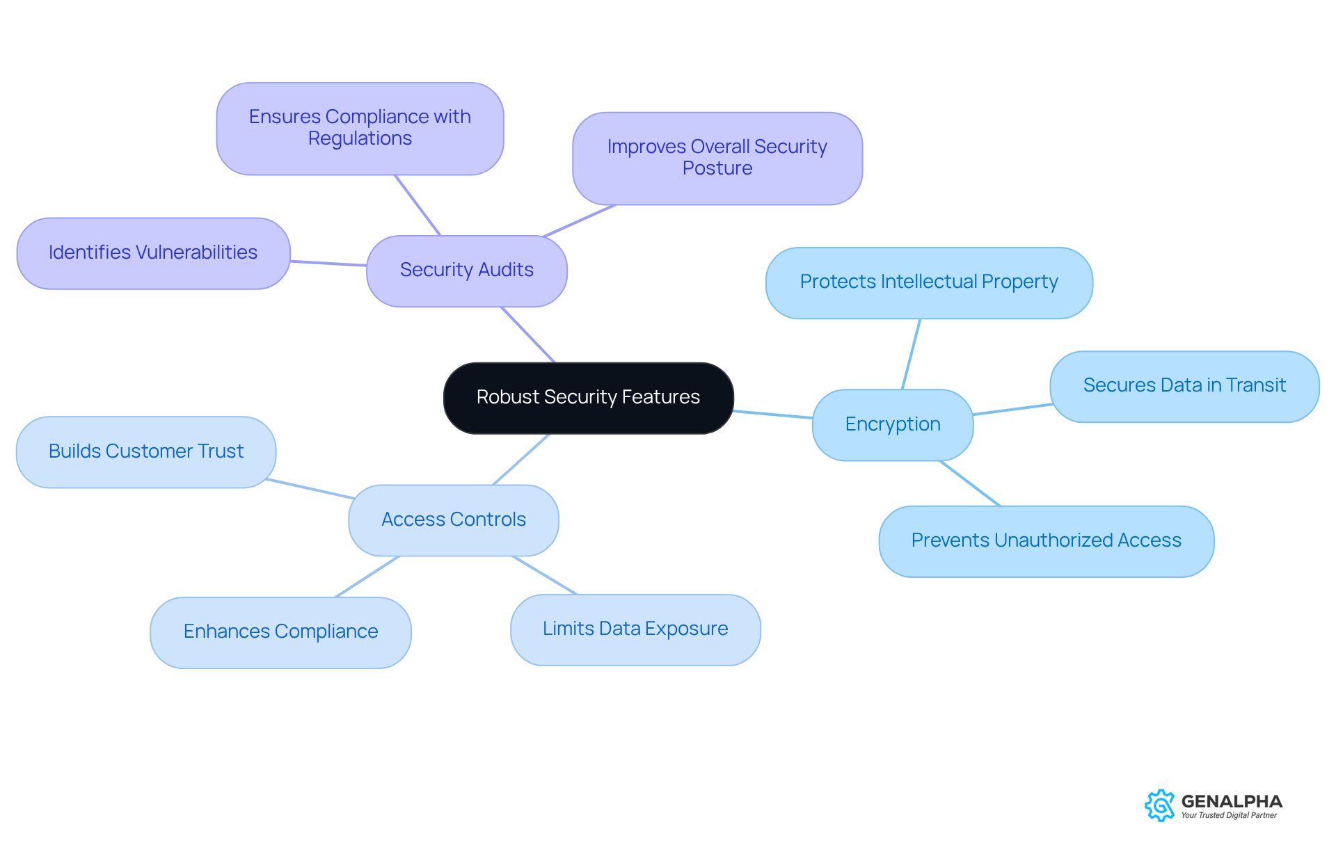 The central node represents the main topic of security features, while the branches show specific measures and their benefits. Follow the branches to understand how each feature contributes to protecting sensitive information.
