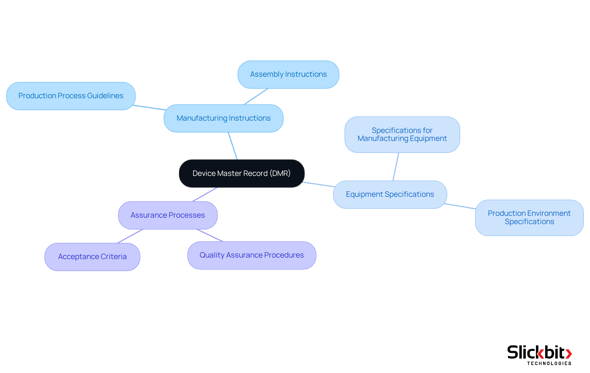 The central node represents the DMR, with branches leading to its key components. Each branch explains how that component contributes to regulatory compliance and the safety of medical devices.