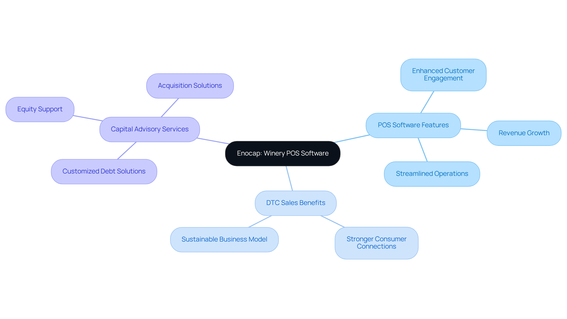 The central node represents Enocap, with branches showing different aspects of its software and services. Each branch indicates how these features contribute to the success of family-owned vineyards in DTC sales.