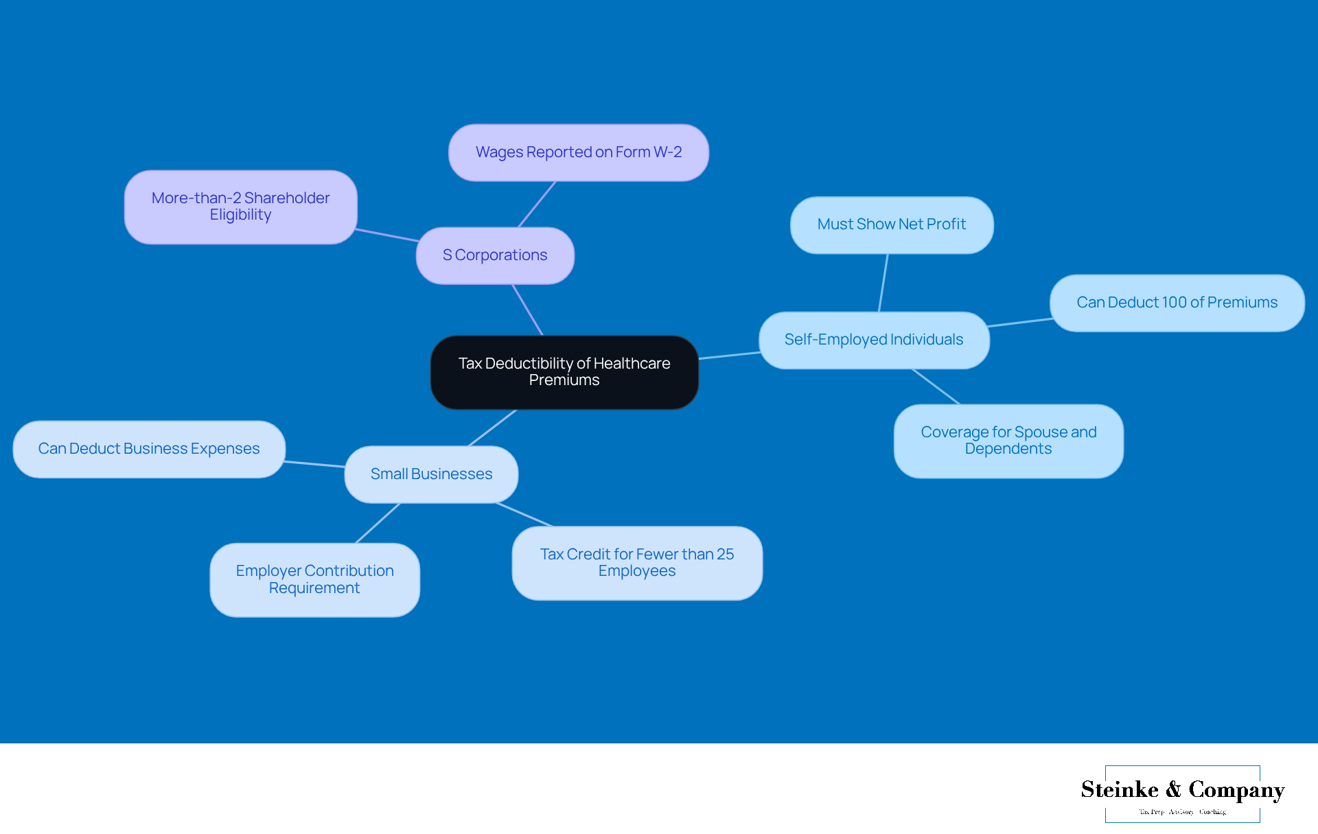At the center, you'll find the main topic. Follow the branches to explore how different types of businesses and individuals can deduct healthcare premiums, along with the conditions they need to meet. At the center, you'll find the main topic. Follow the branches to explore how different types of businesses and individuals can deduct healthcare premiums, along with the conditions they need to meet.