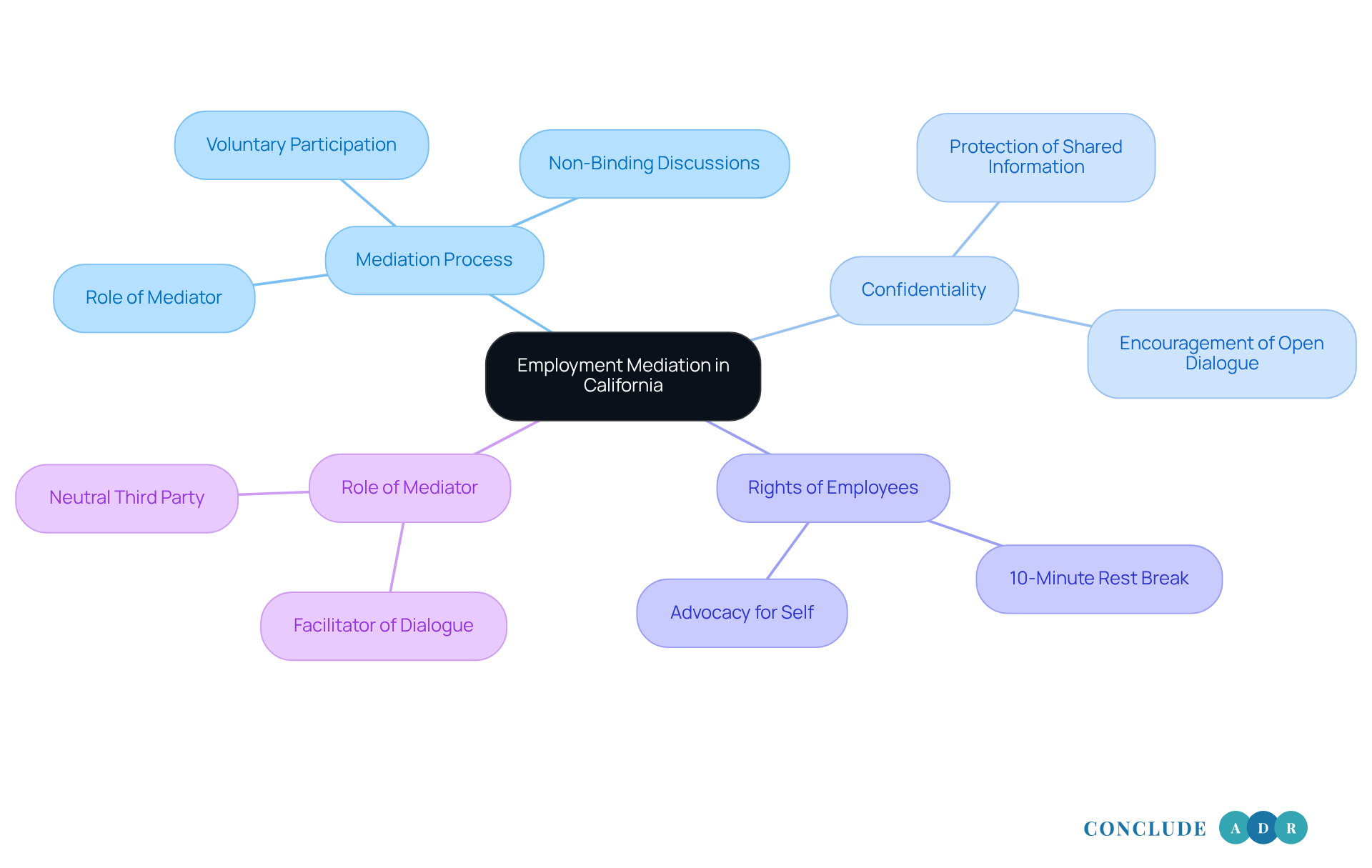 The center represents the main topic of employment mediation, while the branches show important aspects like the mediation process, confidentiality, and employee rights. Each branch helps you understand how these elements relate to the overall concept.