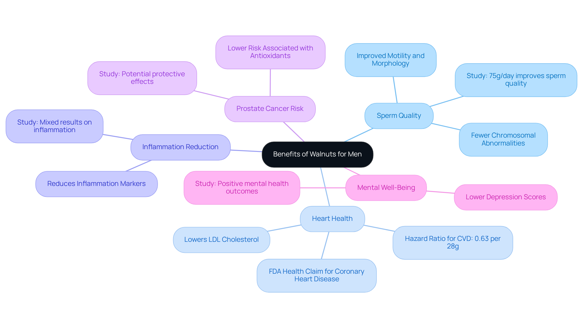This mindmap illustrates how walnuts can positively impact various aspects of men's health. Each branch represents a specific benefit, and the sub-branches provide more details or supporting information. Follow the branches to see how walnuts can support your health journey!