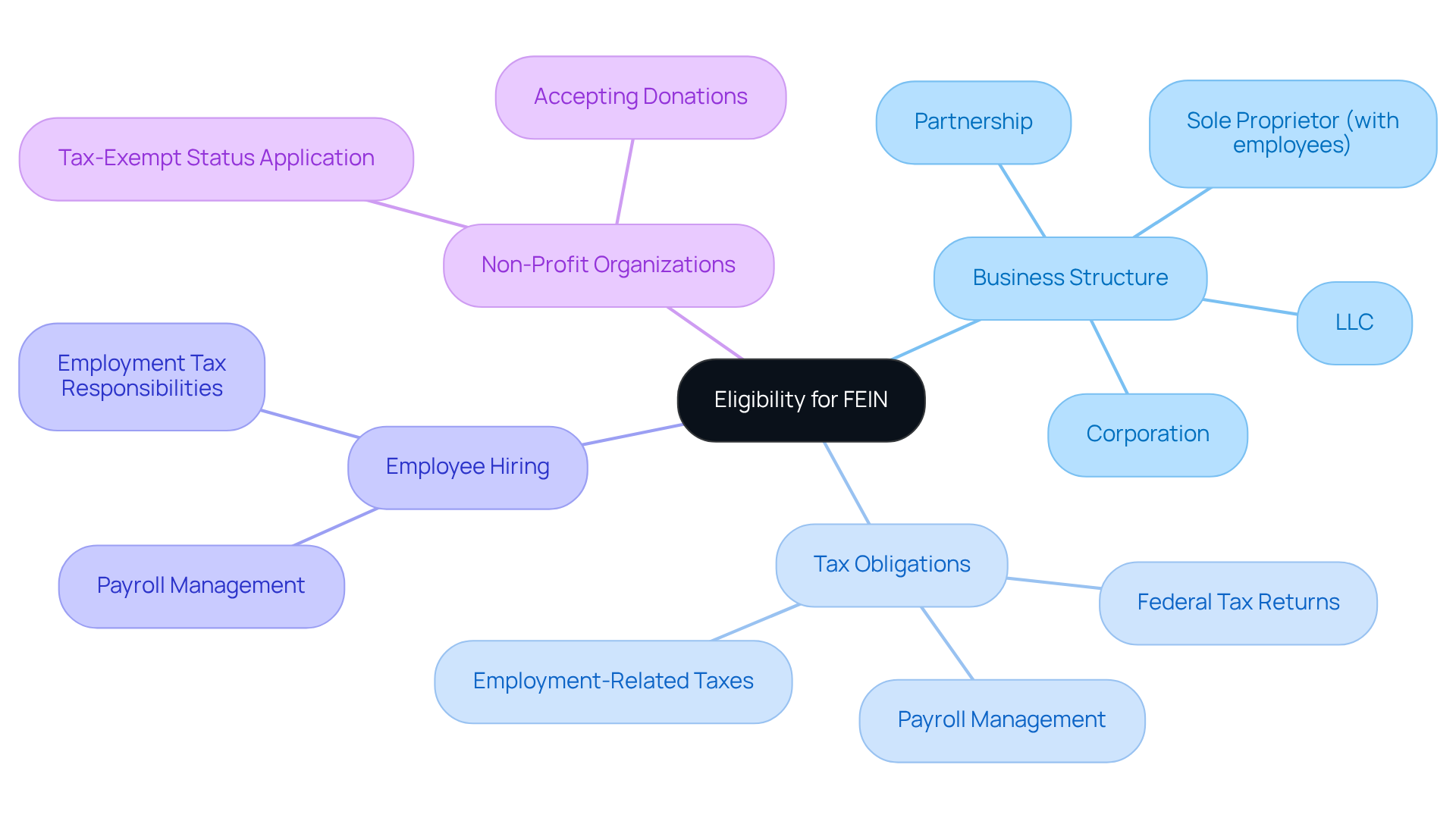 This mindmap shows the different criteria you need to meet to get a FEIN. Start at the center with the main topic, then follow the branches to see what specific requirements apply to your situation.