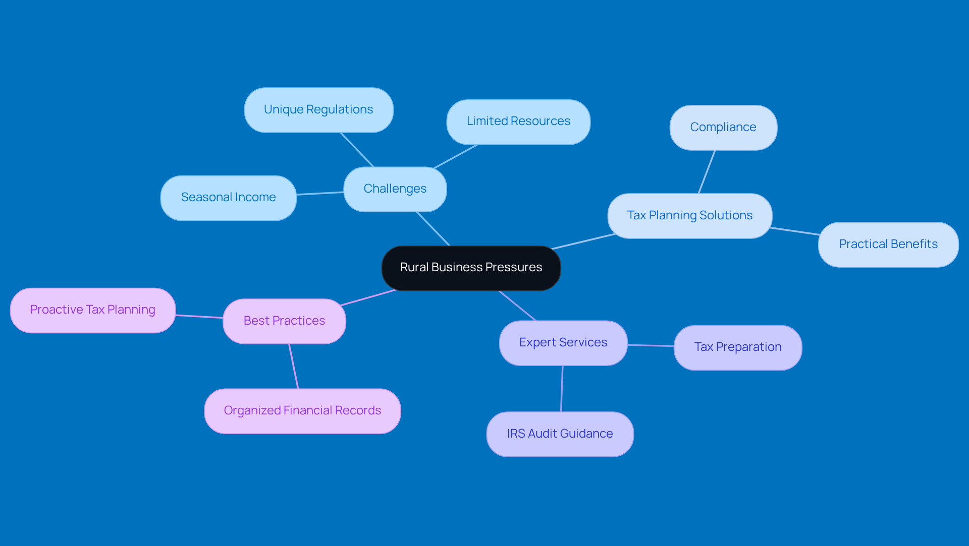 The center represents the main topic, while branches show the challenges and solutions related to rural businesses. Each color-coded branch helps you see how different factors connect to effective tax planning. The center represents the main topic, while branches show the challenges and solutions related to rural businesses. Each color-coded branch helps you see how different factors connect to effective tax planning.