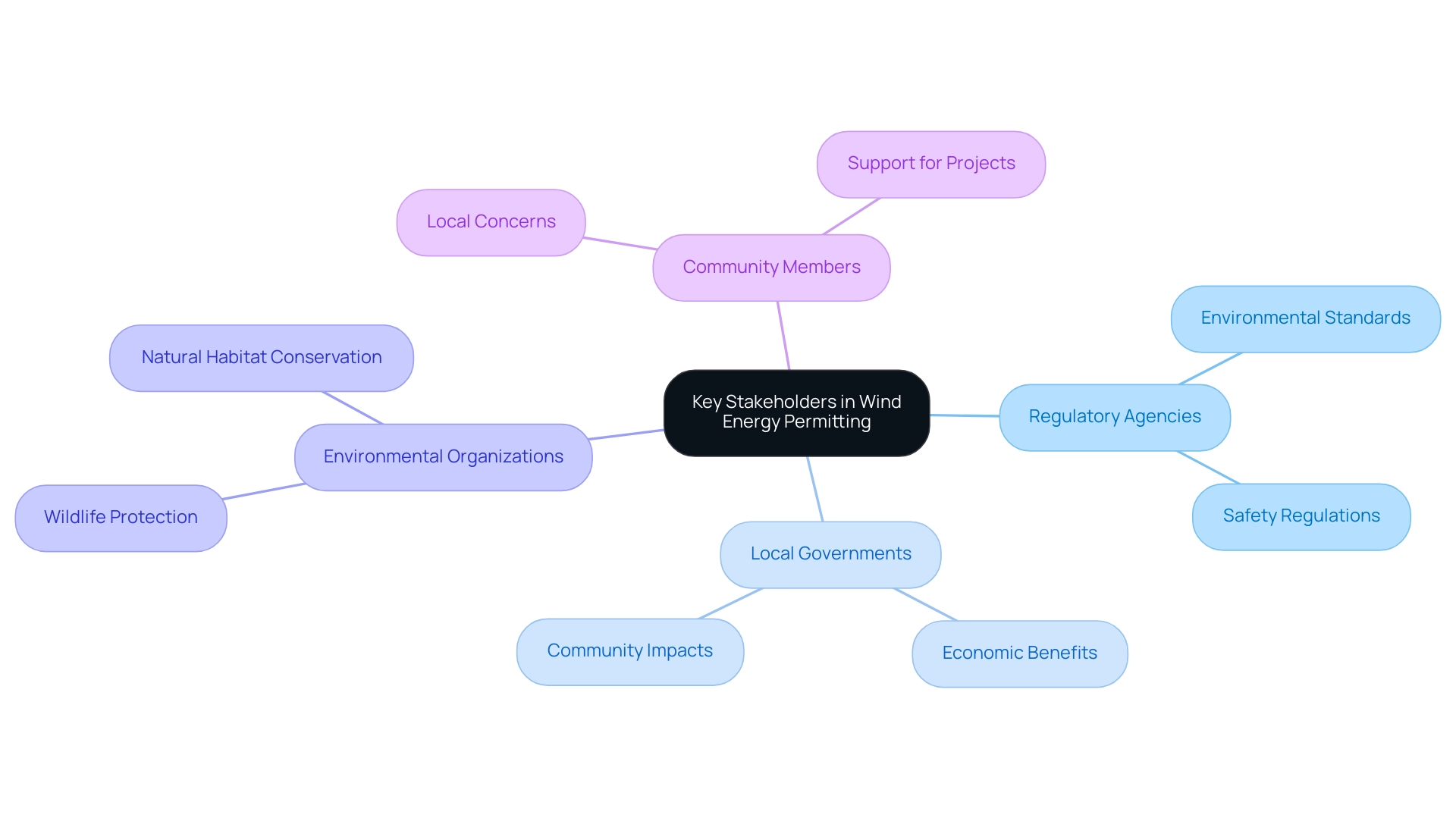 Each branch represents a key stakeholder group in wind energy permitting, with sub-branches illustrating their perspectives and concerns.