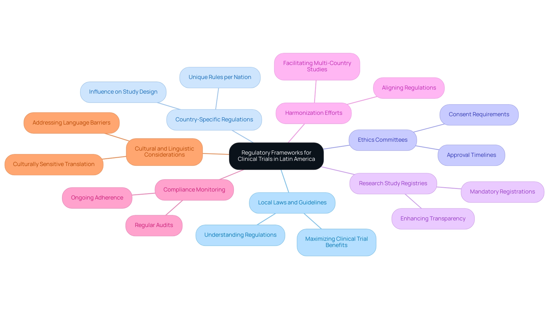 Each branch represents a key aspect of regulatory frameworks, with colors distinguishing between the main topics discussed.