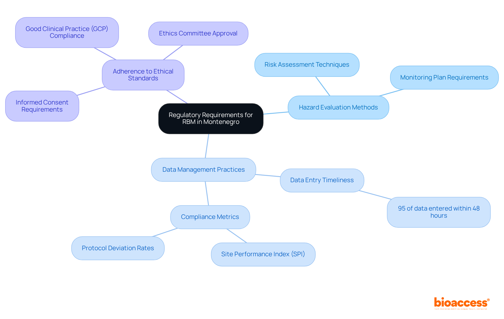 The center represents the main topic of regulatory requirements, while the branches show the key components that need to be considered for effective RBM strategies in clinical research.