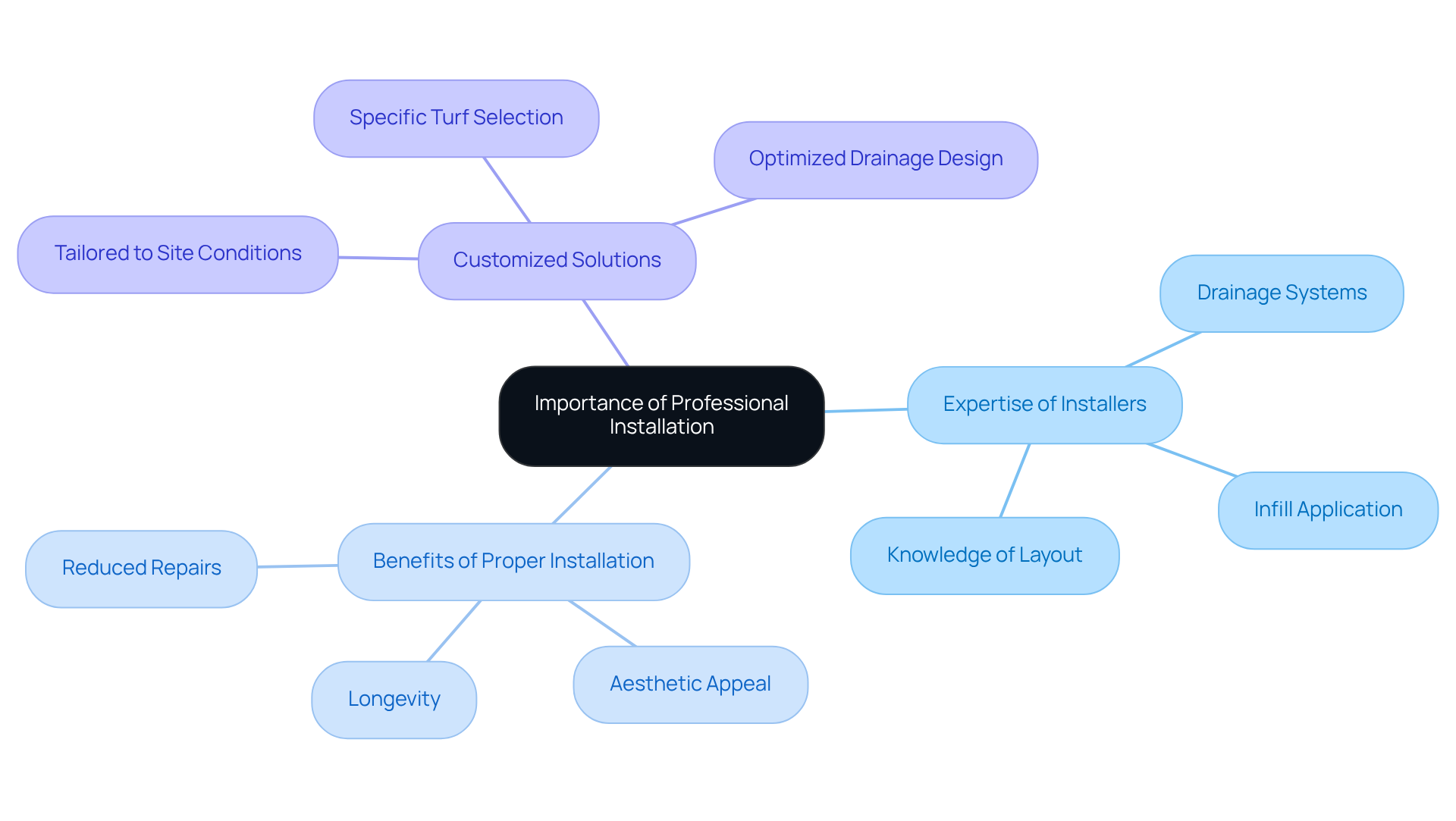 The center shows the main topic, and the branches illustrate key points related to why professional installation is crucial. Each branch highlights specific benefits and expertise areas, making it easy to understand the overall importance.