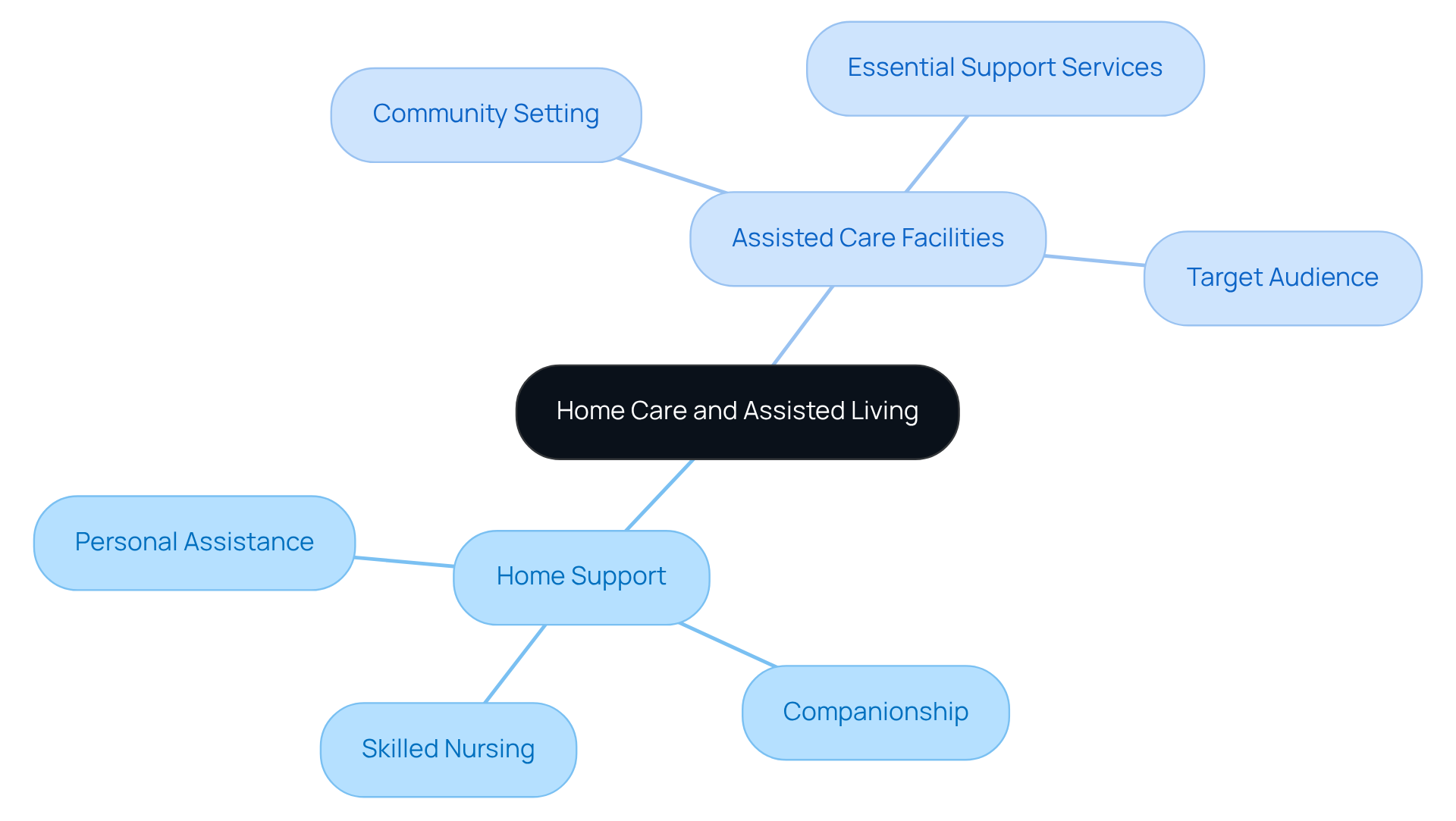 The central node represents the main topic, while branches illustrate the two different care options. Each sub-branch lists specific features and services that define each type of care.