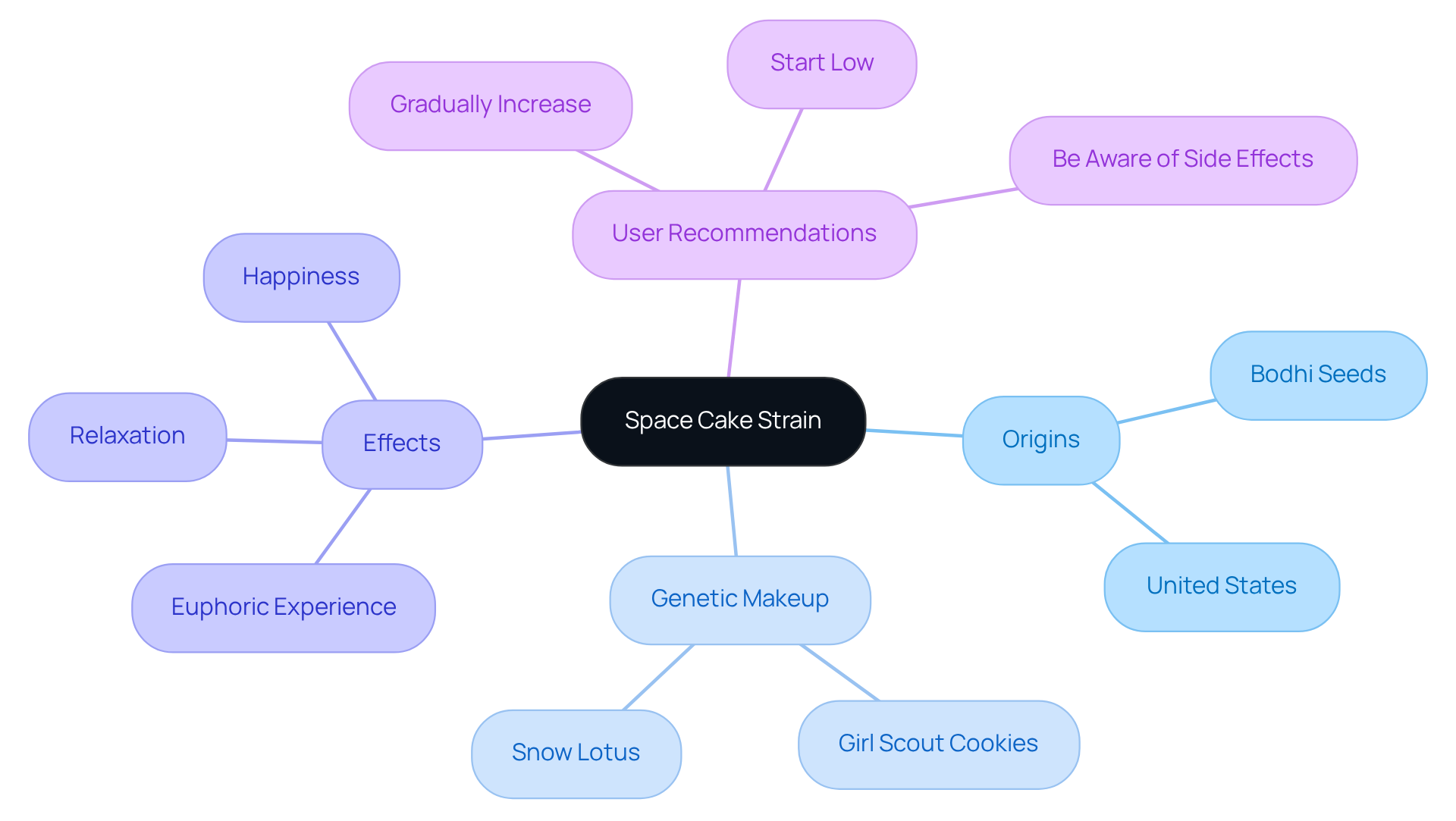 The central node represents the Space Cake strain. Follow the branches to discover its origins, genetic background, effects, and important user guidelines.