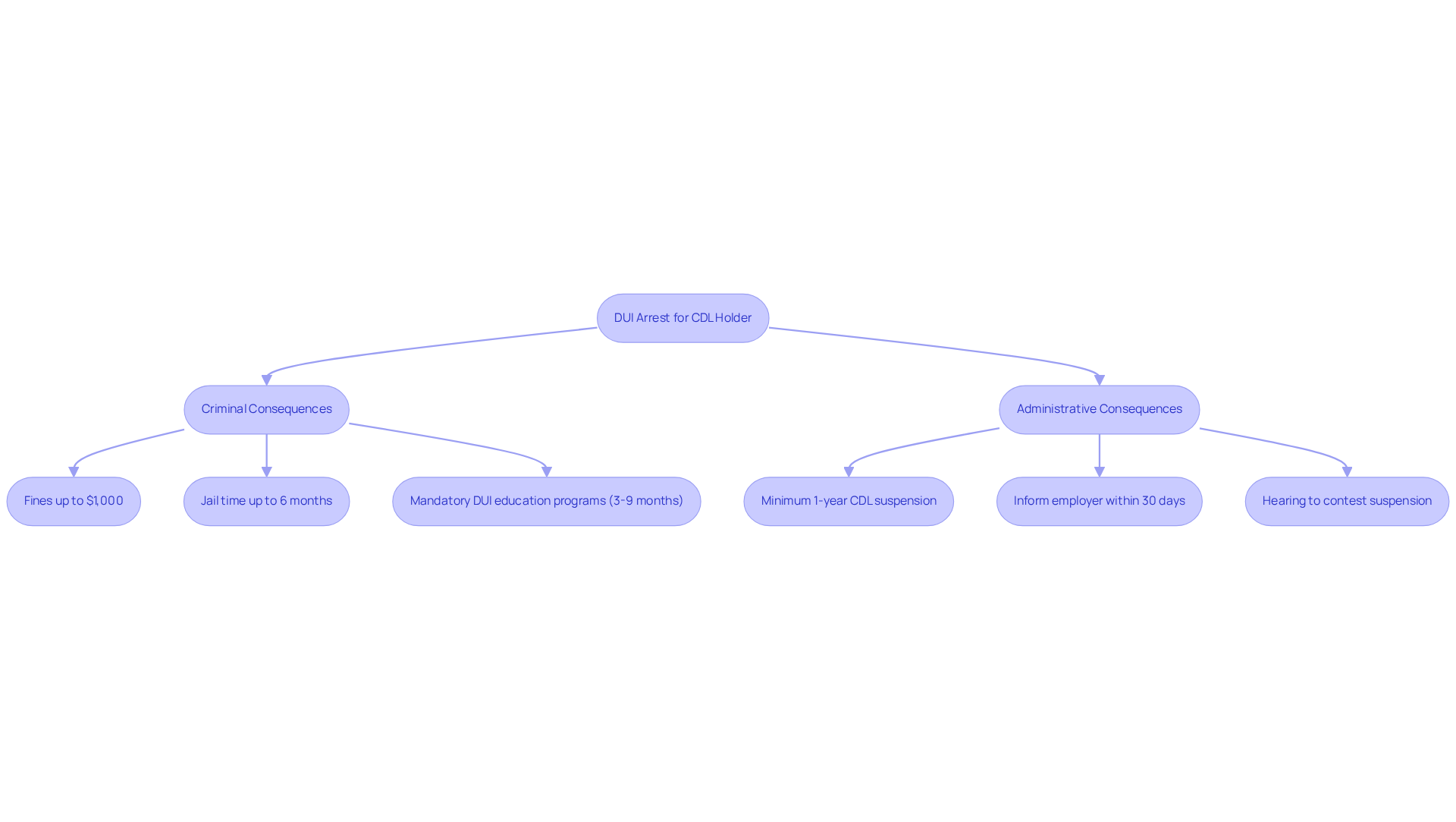 This flowchart outlines what happens when a CDL holder is arrested for DUI. Follow the arrows to see the criminal penalties like fines and jail time, as well as administrative actions like suspension and employer notification. Each step shows the potential consequences and processes involved. This flowchart outlines what happens when a CDL holder is arrested for DUI. Follow the arrows to see the criminal penalties like fines and jail time, as well as administrative actions like suspension and employer notification. Each step shows the potential consequences and processes involved.