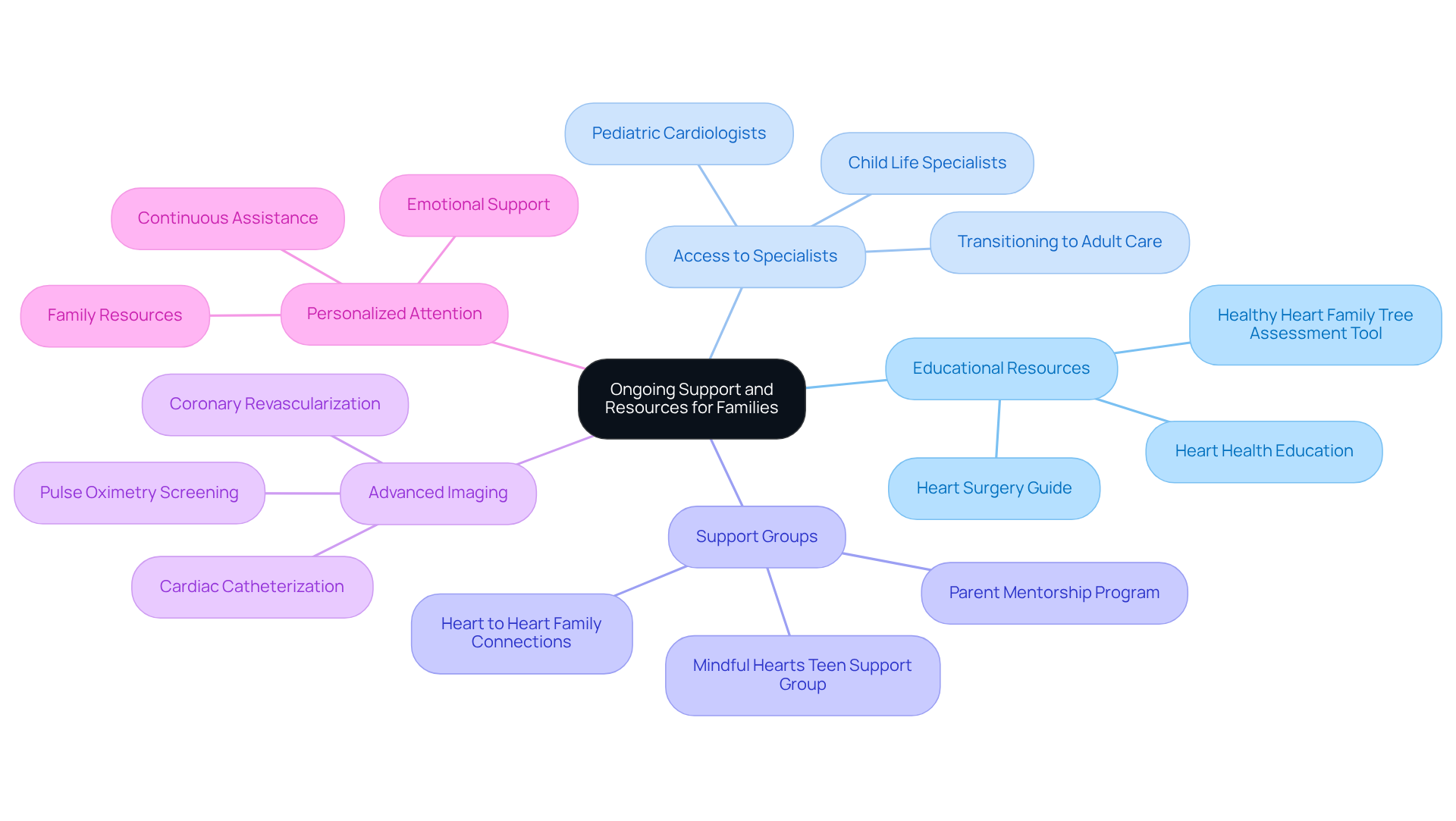 The center represents the overall support theme, while the branches show different types of resources available. Each branch connects to specific details, helping families understand the comprehensive support they can access.