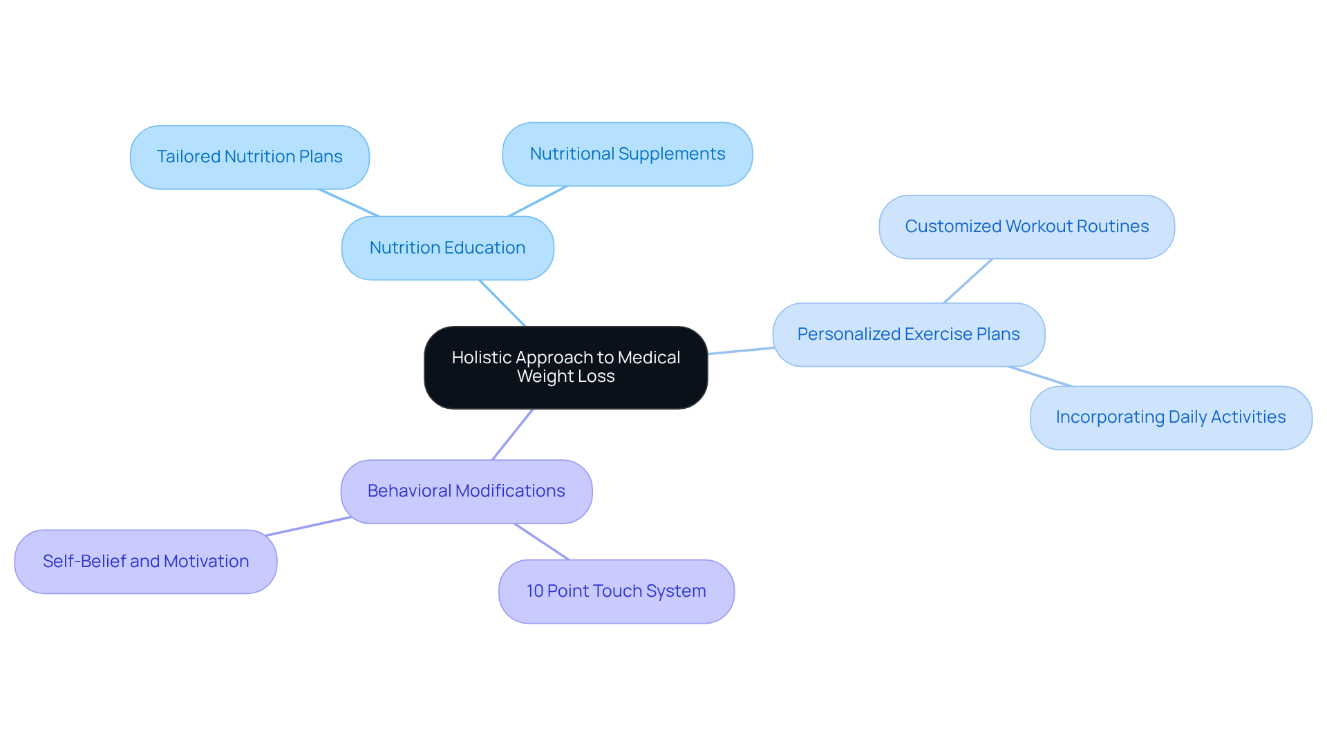 The center represents the holistic approach, while the branches show the key components that support your weight loss journey. Each color-coded branch highlights different areas of focus, helping you see how they all connect.