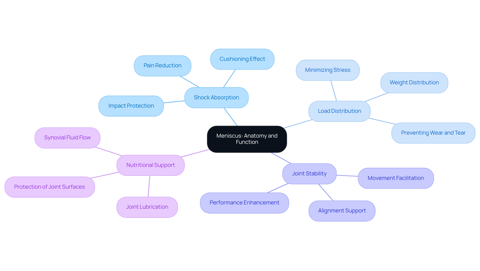 The central node represents the meniscus, while the branches show its important functions. Each function is connected to specific roles it plays in joint health, helping you understand how they work together to support mobility.