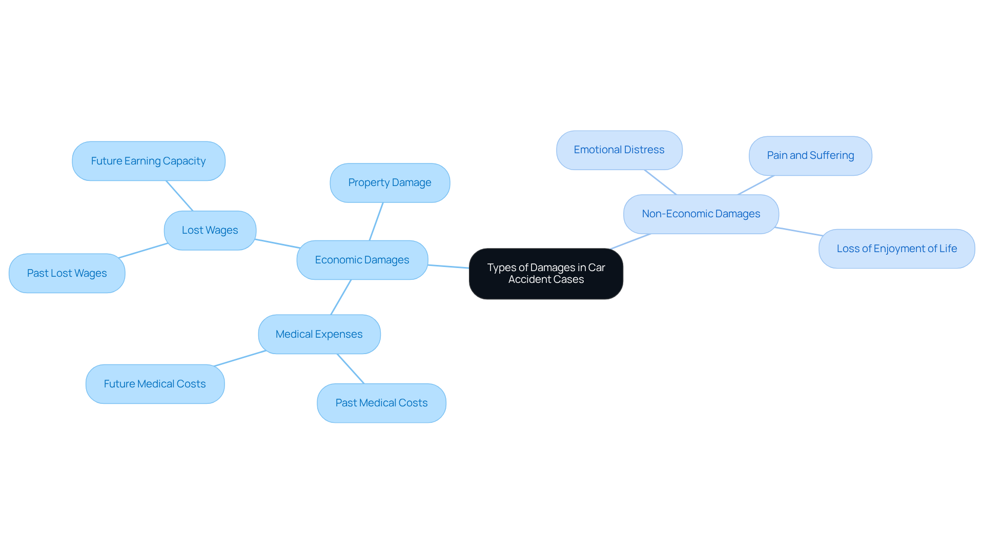 The central node represents the main topic, while the branches show the two types of damages and their specific examples. Each color-coded branch helps differentiate between economic and non-economic damages, making it easier to grasp the full scope of compensation options.