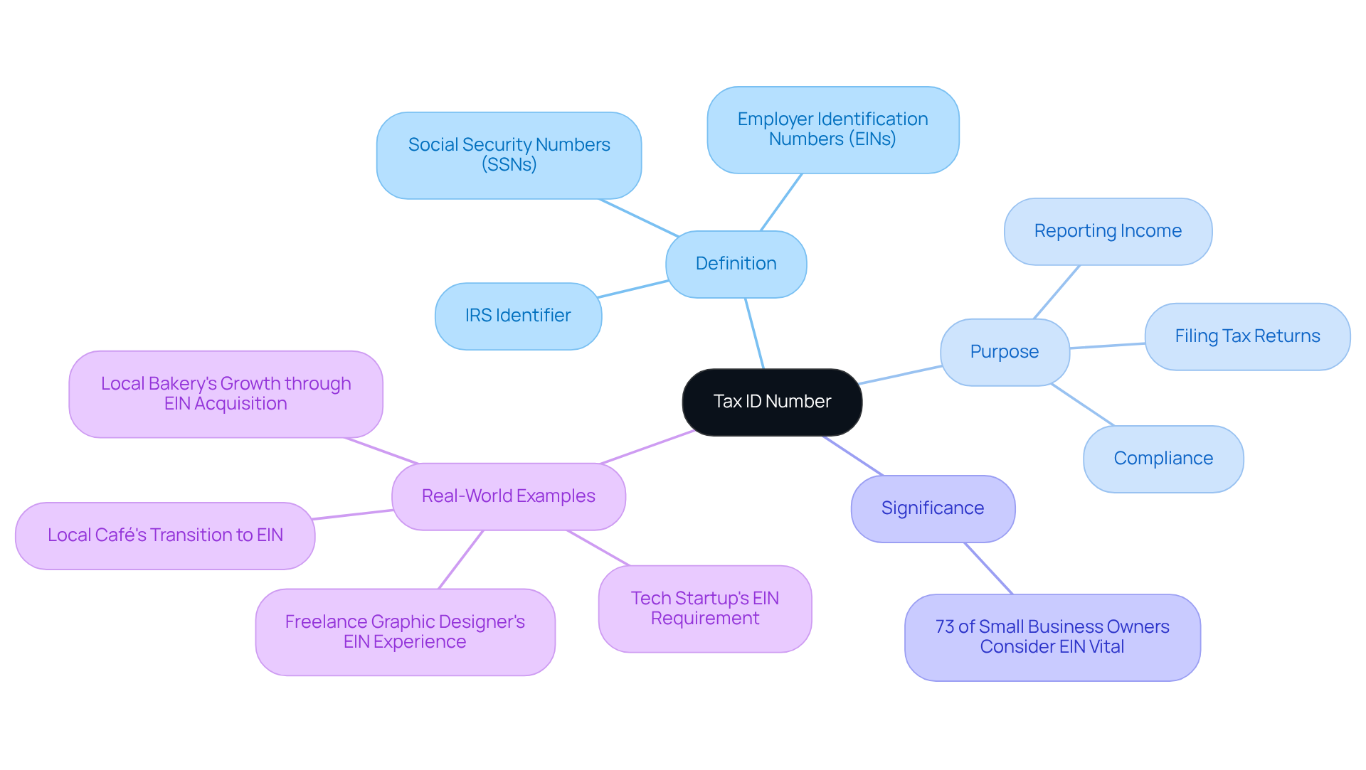 The center shows what a Tax ID number is, and the branches explain its purpose, significance, and real-life examples. Follow the branches to see how everything connects! The center shows what a Tax ID number is, and the branches explain its purpose, significance, and real-life examples. Follow the branches to see how everything connects!