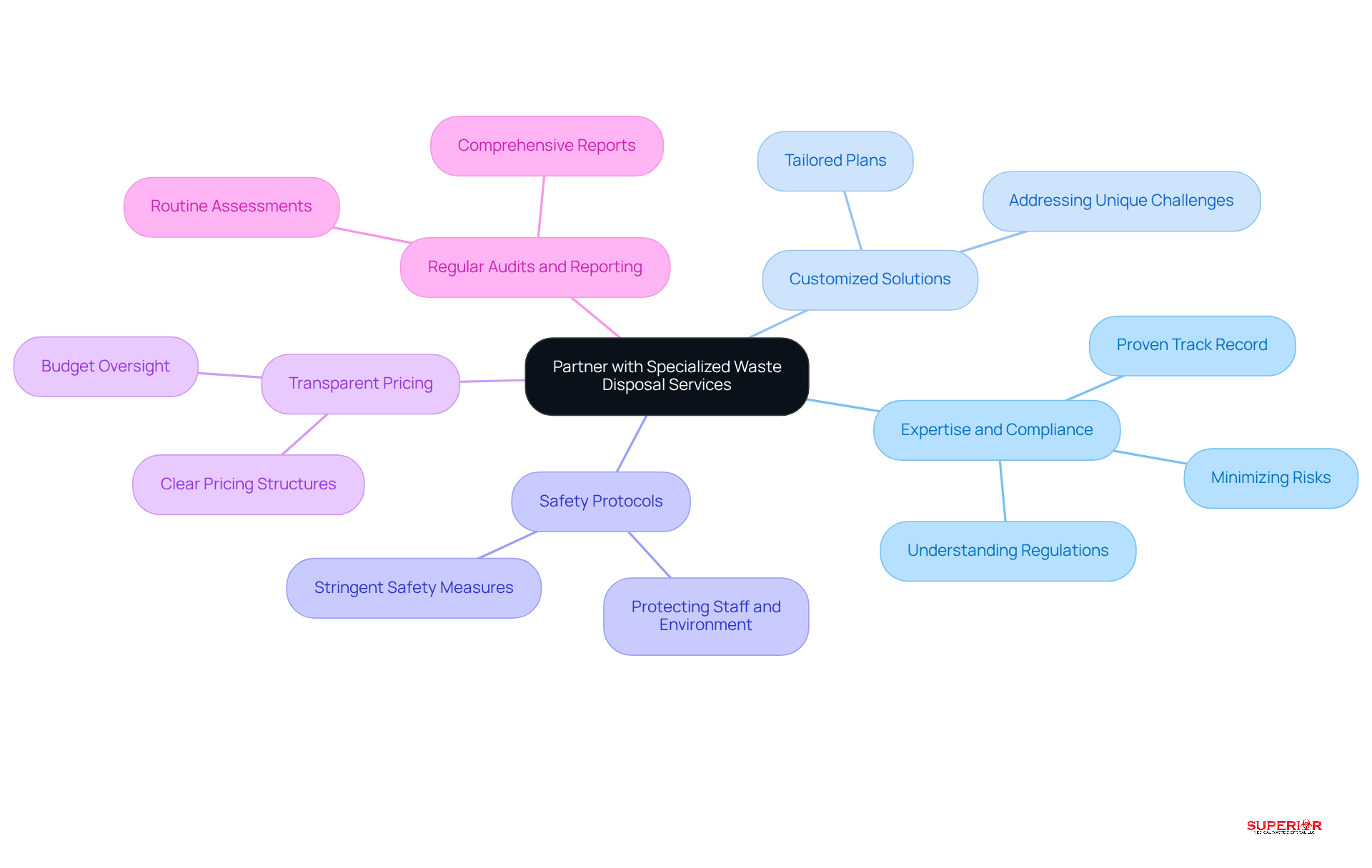 The central node represents the main topic, while each branch shows a key criterion for selecting a waste disposal partner. Follow the branches to explore the details and understand how each aspect contributes to effective waste management.