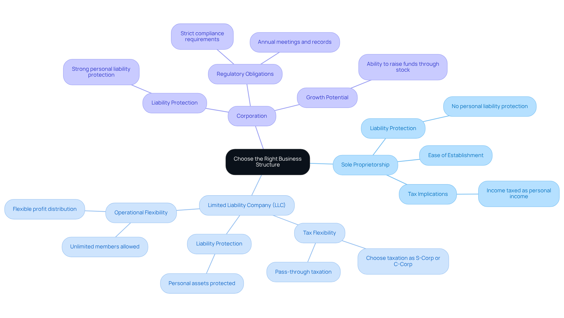The central node represents the main topic, while the branches show different business structures. Each sub-branch highlights important features and considerations, helping you understand the pros and cons of each option. The central node represents the main topic, while the branches show different business structures. Each sub-branch highlights important features and considerations, helping you understand the pros and cons of each option.