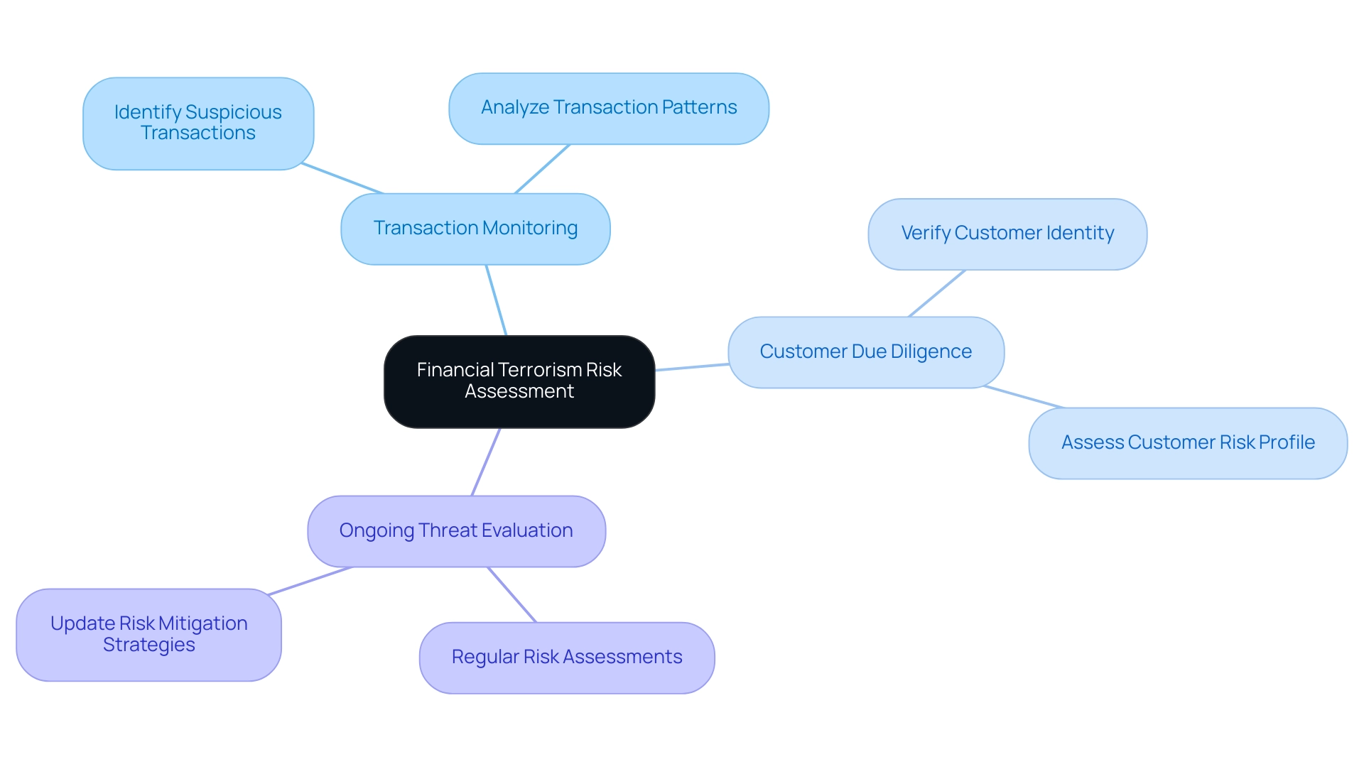 The central node represents the overall financial terrorism risk assessment, with branches showing key techniques and their respective sub-actions.