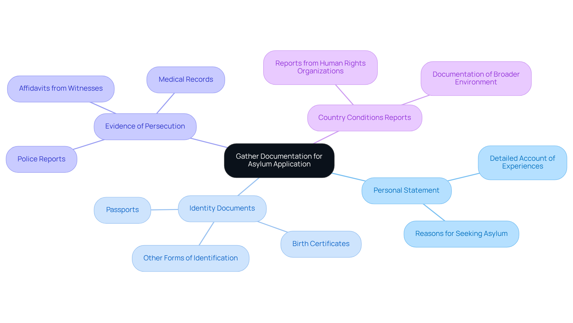 This mindmap shows the key documents you need to gather for your asylum application. Start at the center with the main topic, then follow the branches to see each type of document and what it includes. This will help you organize your evidence effectively.