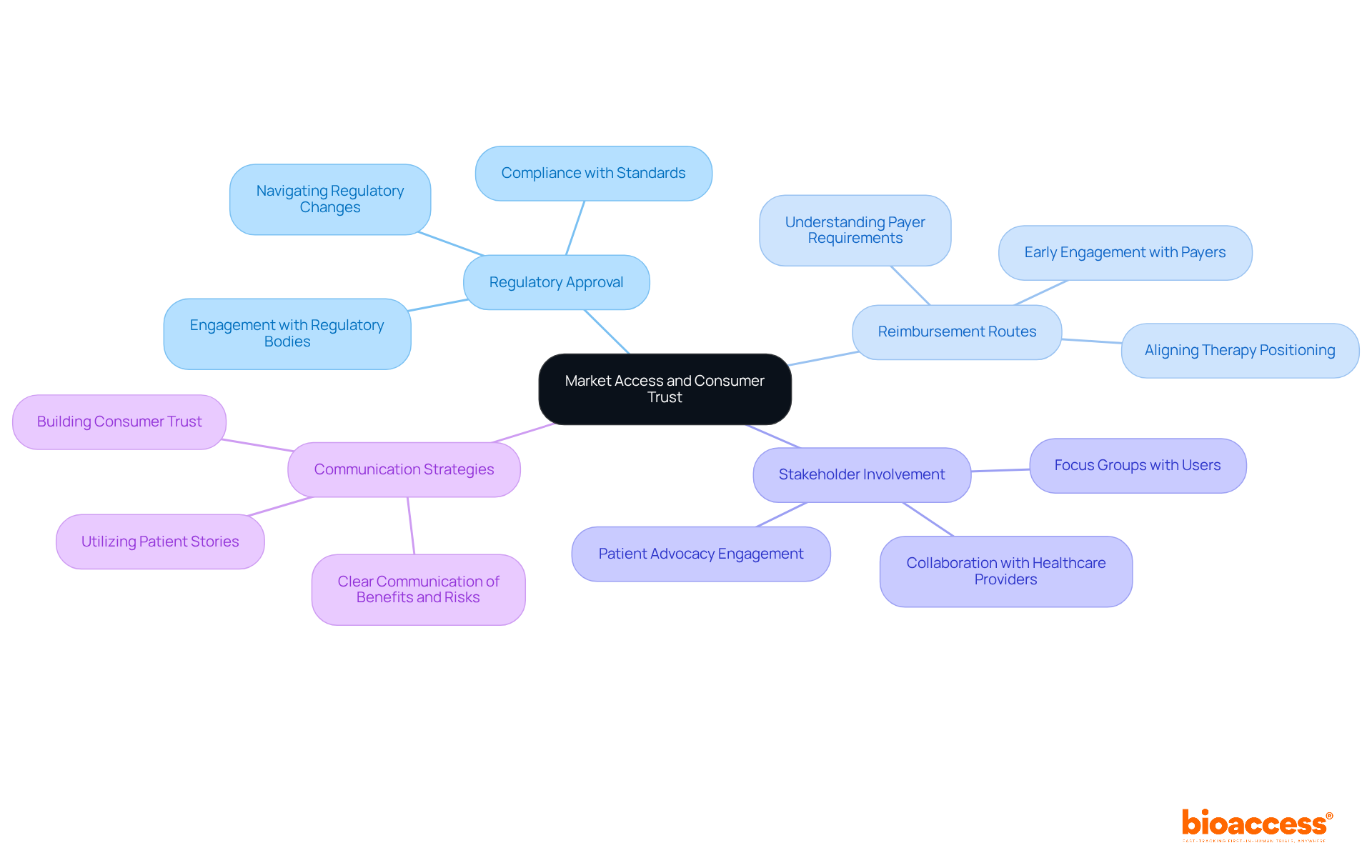 Start at the center with the main theme, then explore each branch to see the different strategies and actions that contribute to successful market access and building consumer trust.