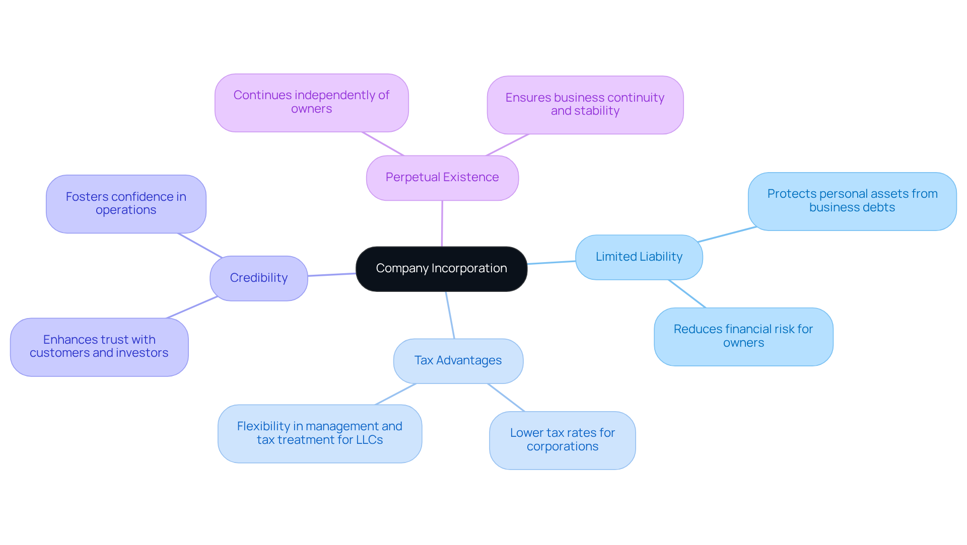 The center represents the main topic of incorporation. Each branch shows a key benefit, and the sub-branches provide more details. This layout helps you see how each benefit connects to the overall concept. The center represents the main topic of incorporation. Each branch shows a key benefit, and the sub-branches provide more details. This layout helps you see how each benefit connects to the overall concept.