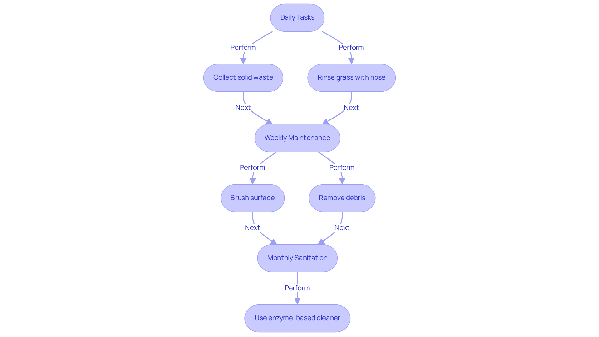 Follow the arrows to see what tasks to do daily, weekly, and monthly to keep your pet grass clean and safe. Each section shows specific actions to maintain your turf effectively.