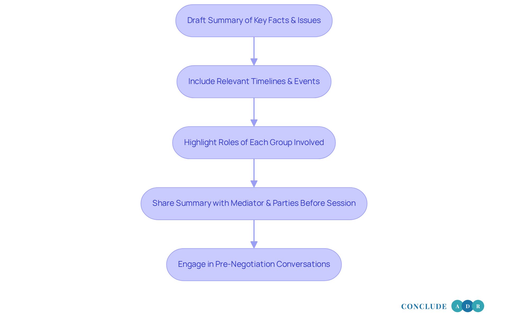 Each box represents a step in preparing your dispute summary. Follow the arrows to understand the order of actions that will lead to a more effective mediation process.