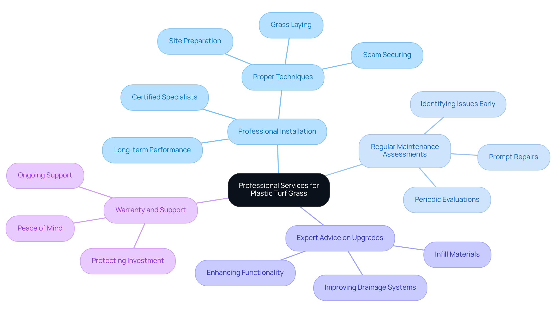 The center represents the main topic of professional services, and each branch shows a specific service related to plastic turf grass. Follow the branches to explore the details of each service.