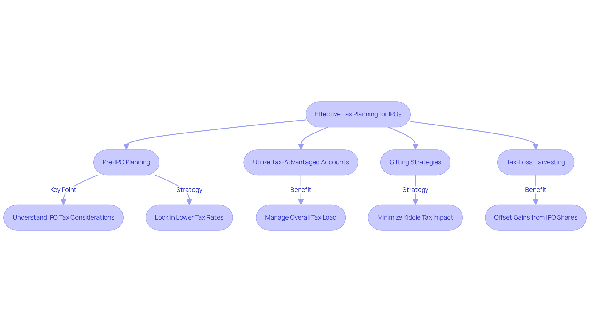 This flowchart outlines key strategies for managing tax considerations during an IPO. Each box represents a different strategy, and you can follow the arrows to see how they connect. Feel free to explore each strategy independently, as they all contribute to effective tax planning. This flowchart outlines key strategies for managing tax considerations during an IPO. Each box represents a different strategy, and you can follow the arrows to see how they connect. Feel free to explore each strategy independently, as they all contribute to effective tax planning.